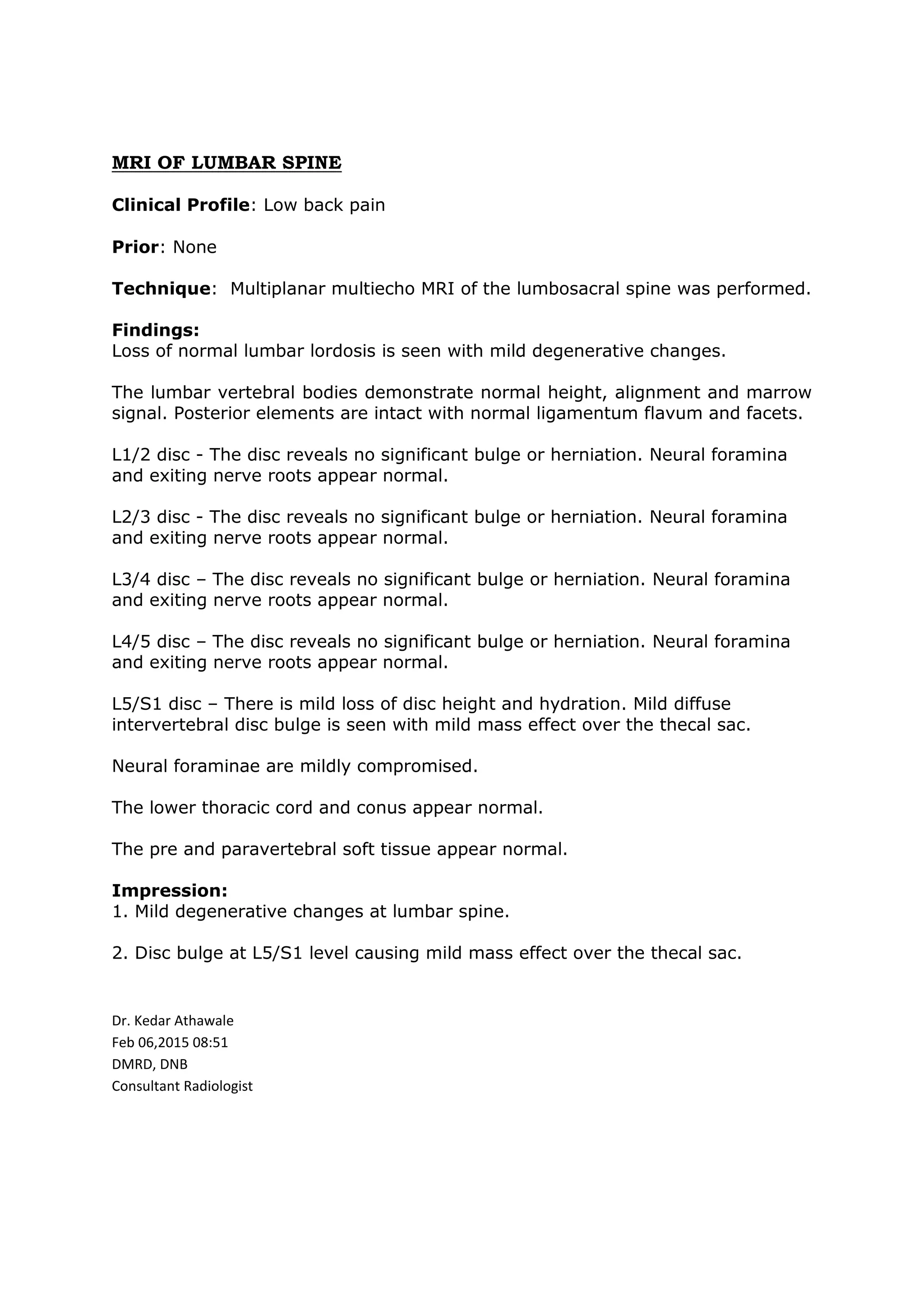Statim healthcare MRI Sample Reports | PDF