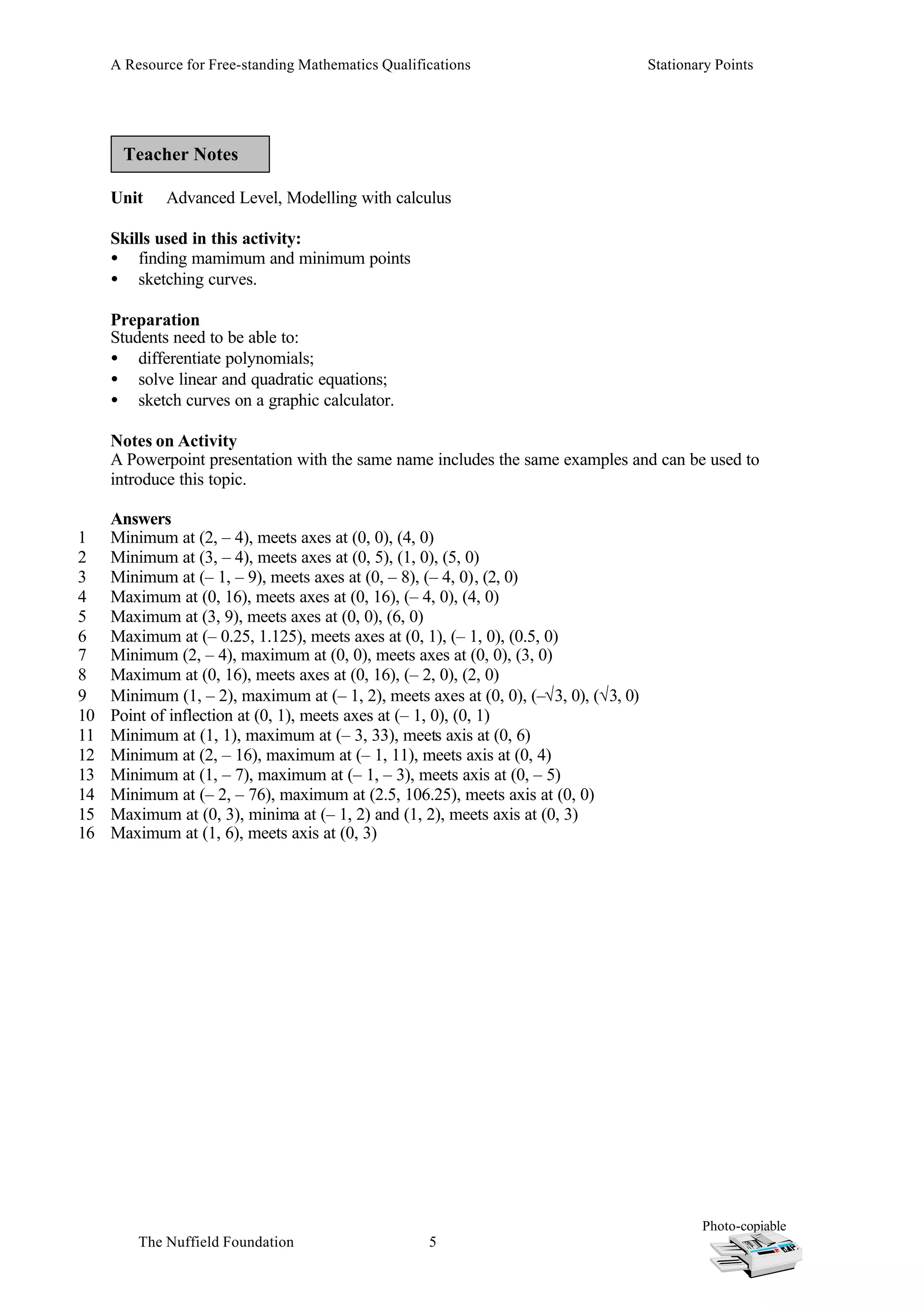 Stationary Points Handout | PDF