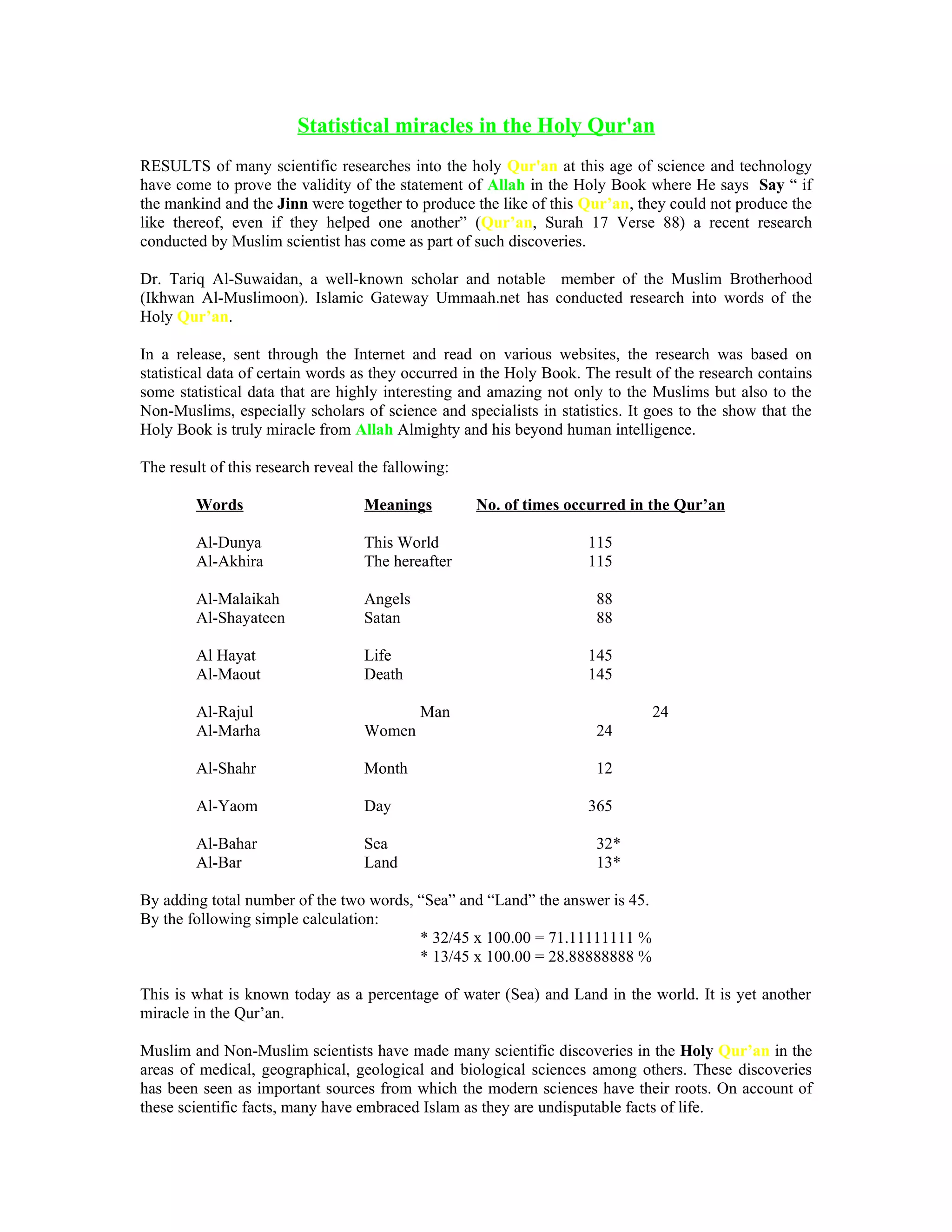 Statistical Miracles In The Holy Qur | RTF | Islam | Religion & Spirituality