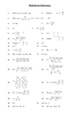 Inferential Statistics Formulas