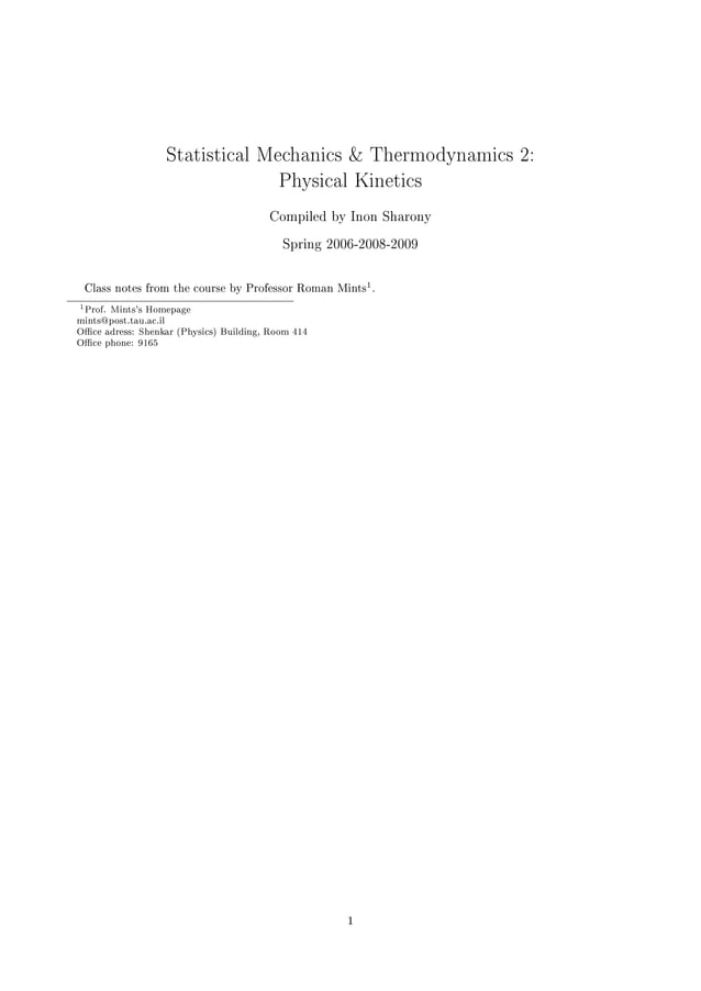 Statistical Mechanics & Thermodynamics 2: Physical Kinetics | PDF