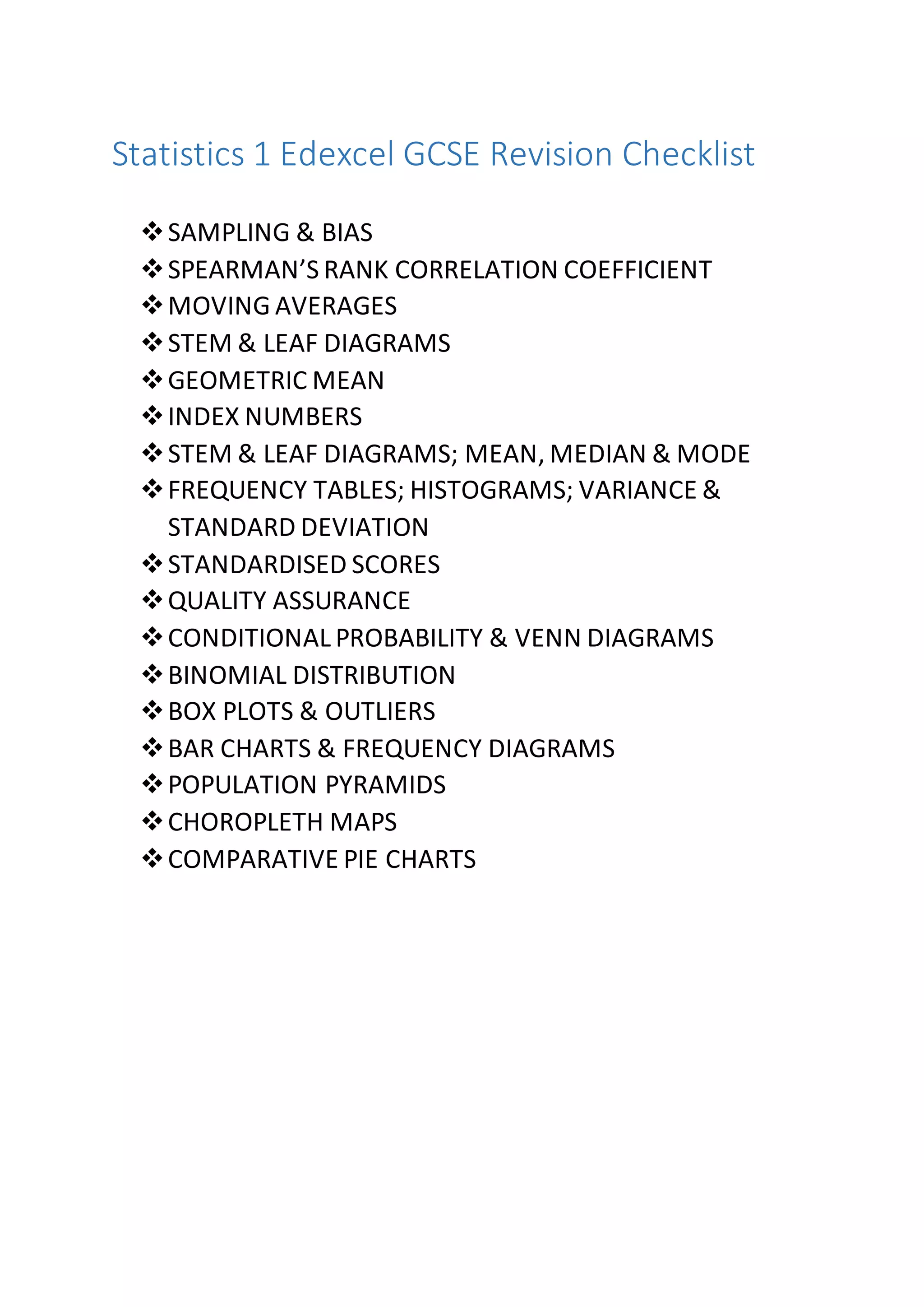 Statistics 1 Edexcel GCSE Revision Checklist | DOCX