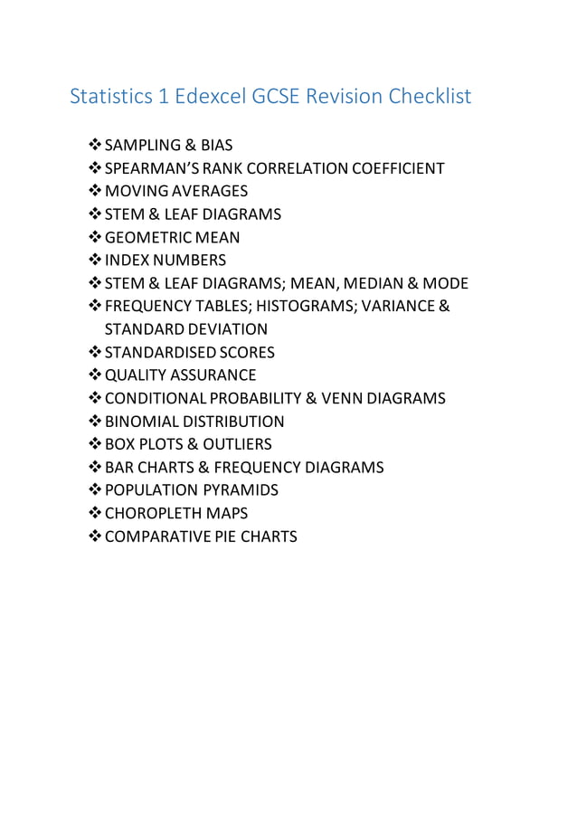 Statistics 1 Edexcel GCSE Revision Checklist | PDF