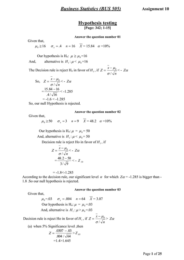 Statistics assignment 10 | PDF