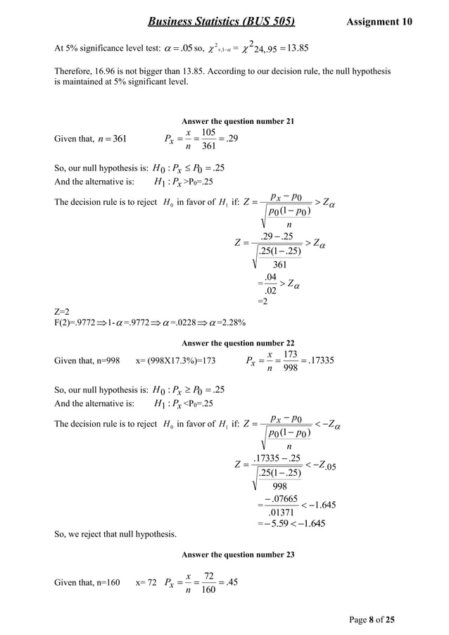 Statistics assignment 10 | PDF