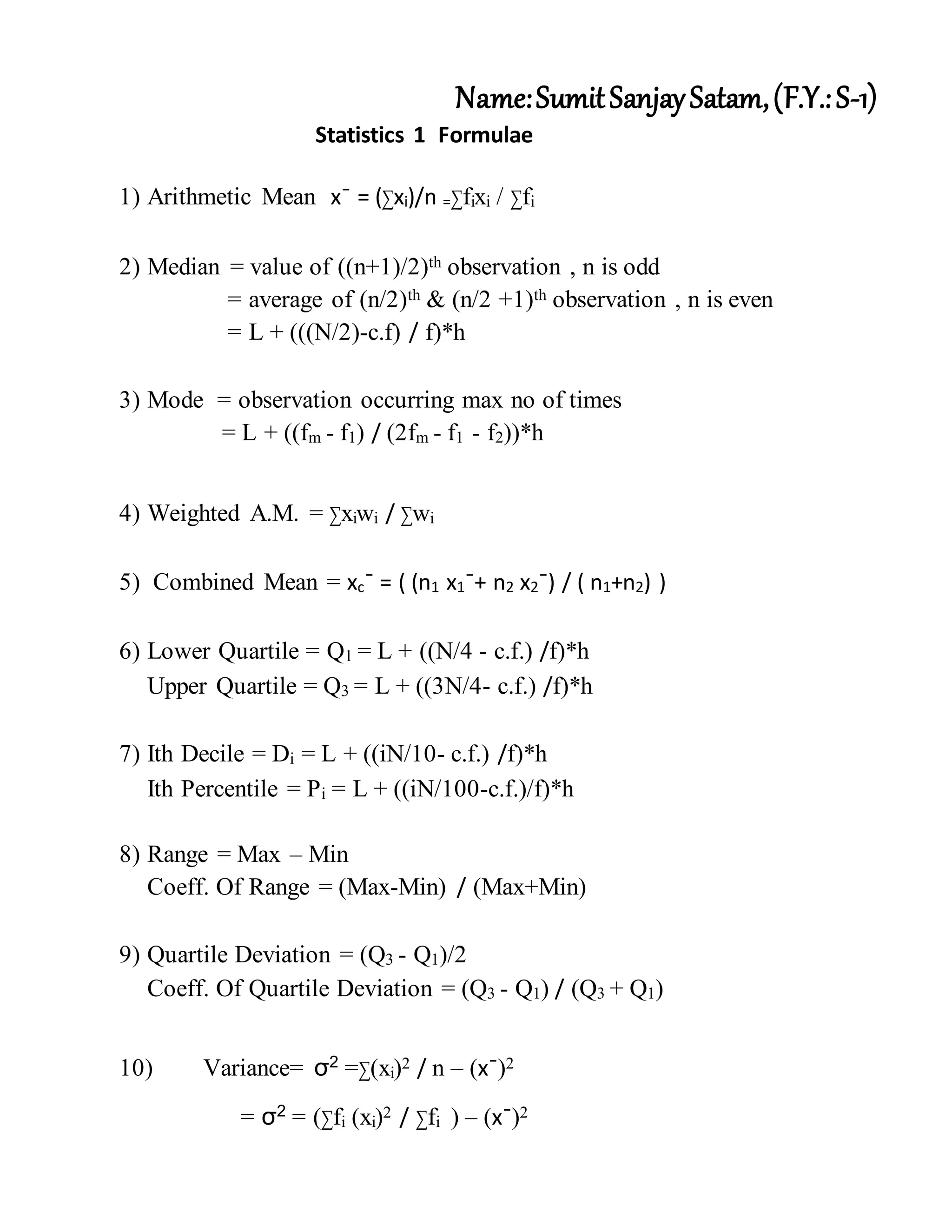 Statistics formulaee | PDF