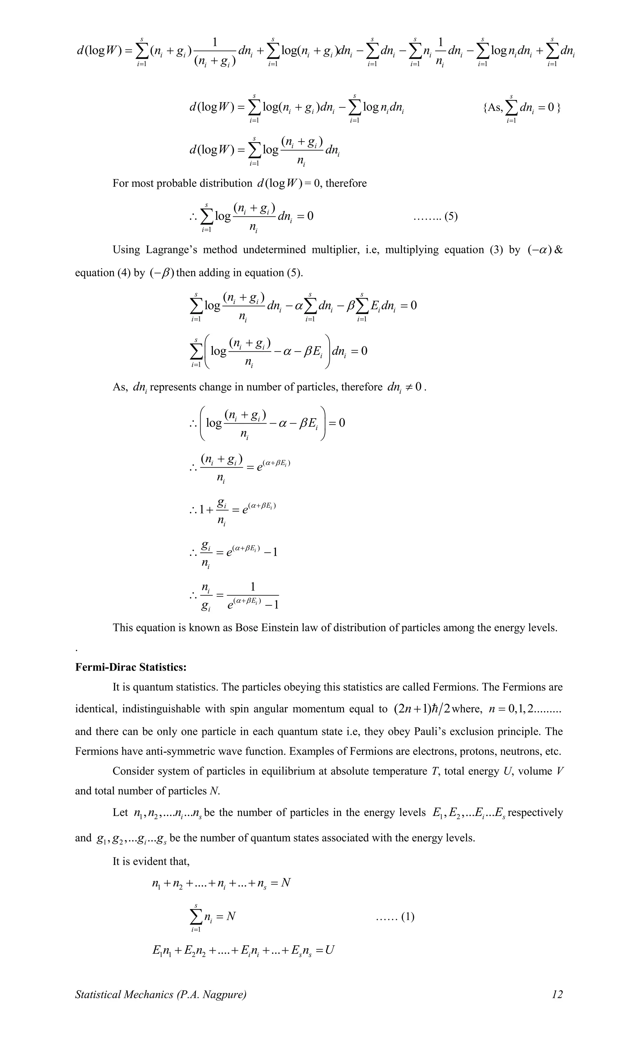 Statistical Mechanics B.Sc. Sem VI | PDF
