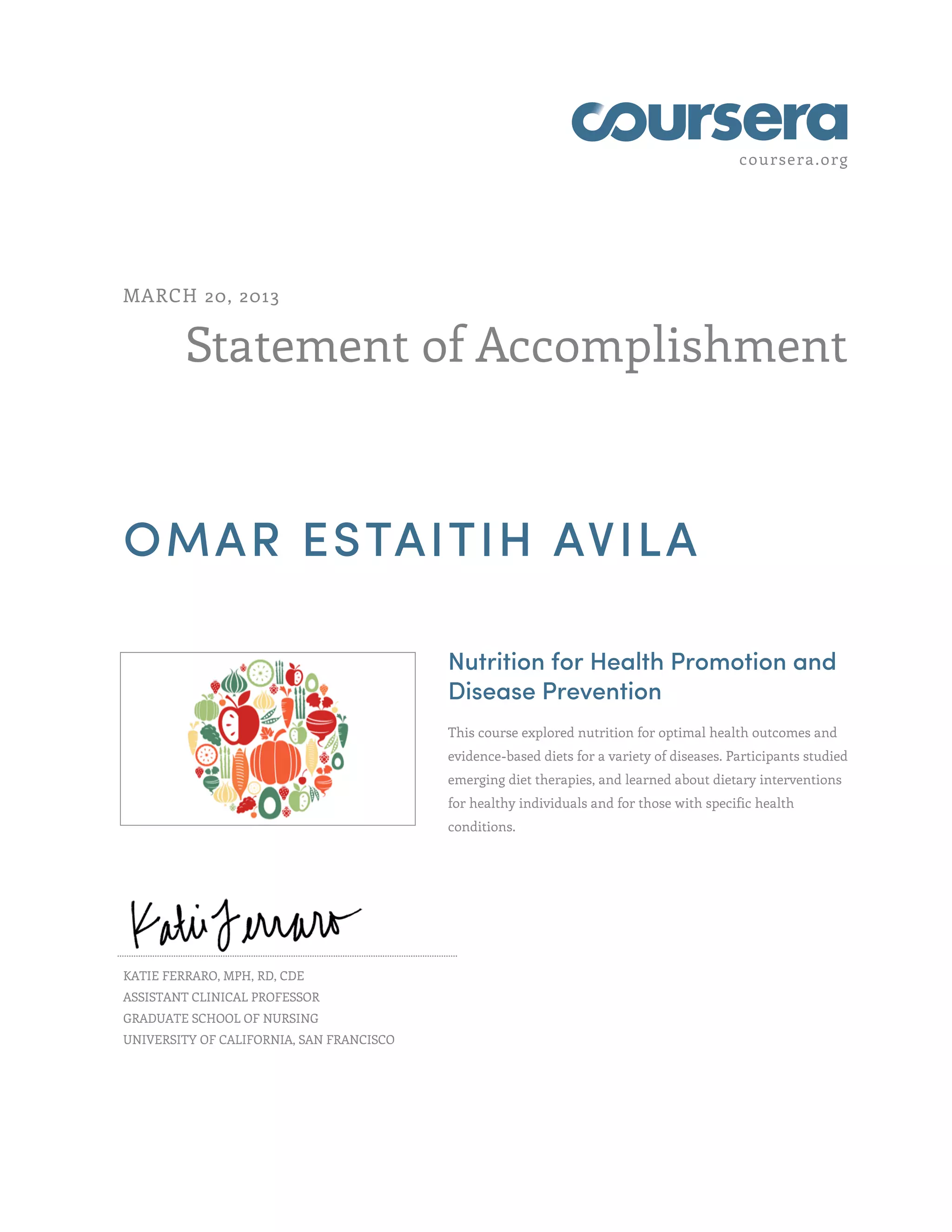 Statement of accomplishment - Nutrition for health promotion and ...