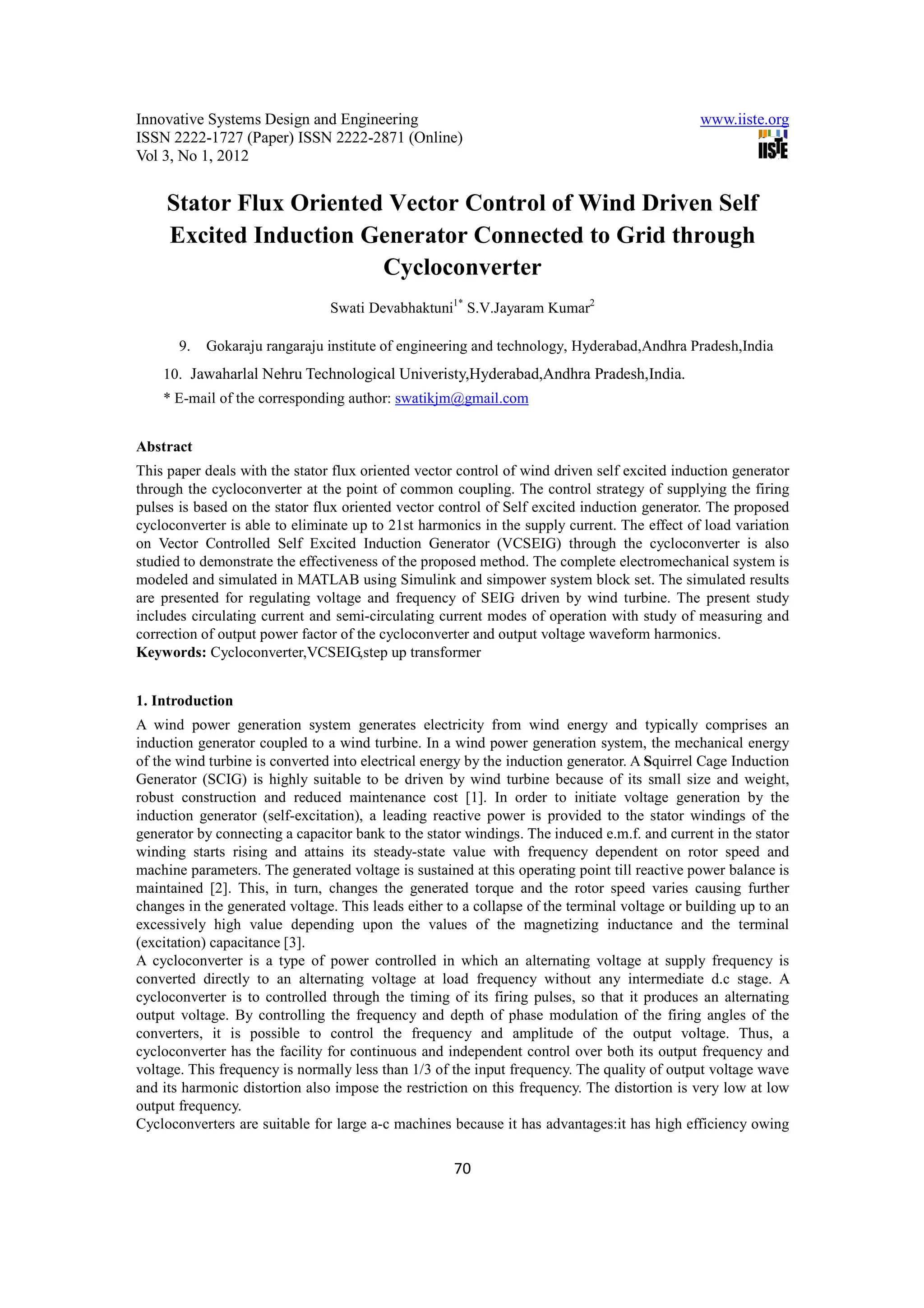 Stator Flux Oriented Vector Control Of Wind Driven Self Excited