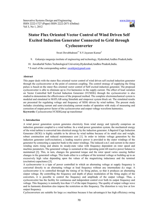 Stator flux oriented vector control of wind driven self excited induction generator connected to ...