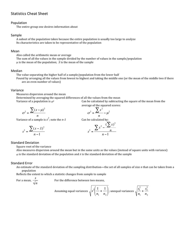 Statistics Cheatsheet by MIT | PDF | Physics | Science