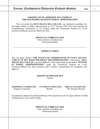 Status of Cooperatives in Santa Ignacia, Tarlac FY 2011: Basis for ...