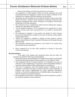 Status of Cooperatives in Santa Ignacia, Tarlac FY 2011: Basis for ...