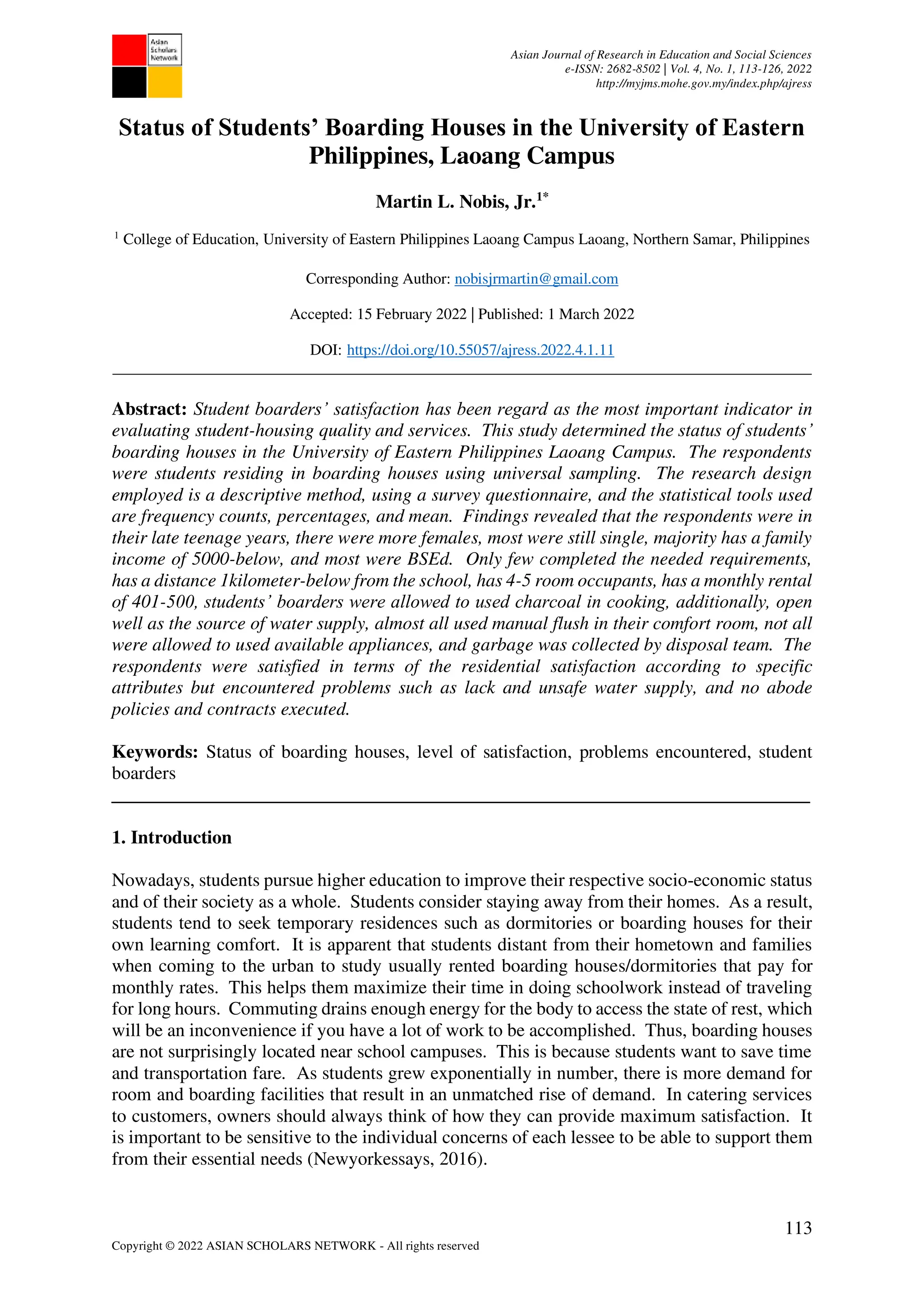 Status of Students’ Boarding Houses in the University of Eastern ...