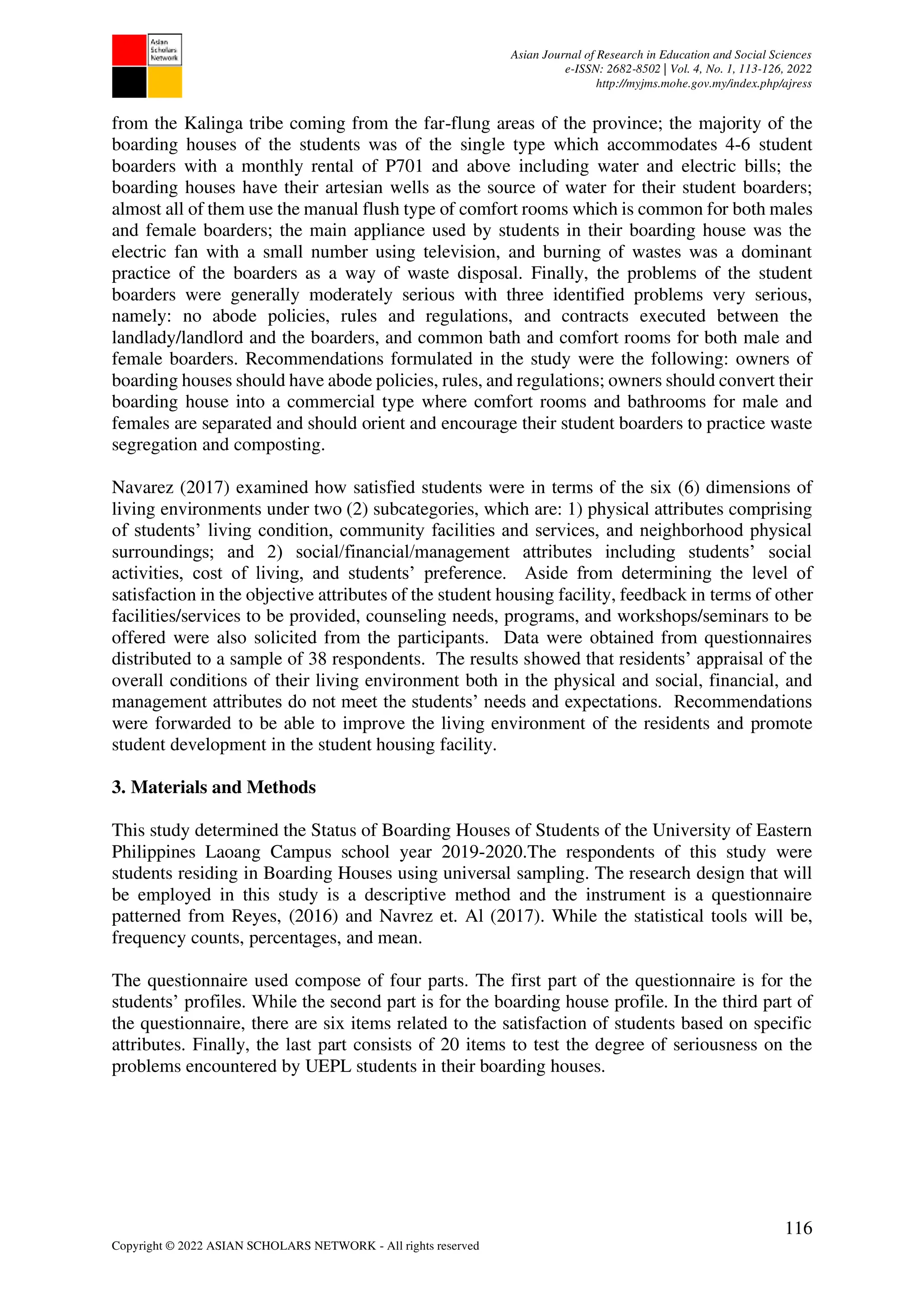 Status of Students’ Boarding Houses in the University of Eastern ...