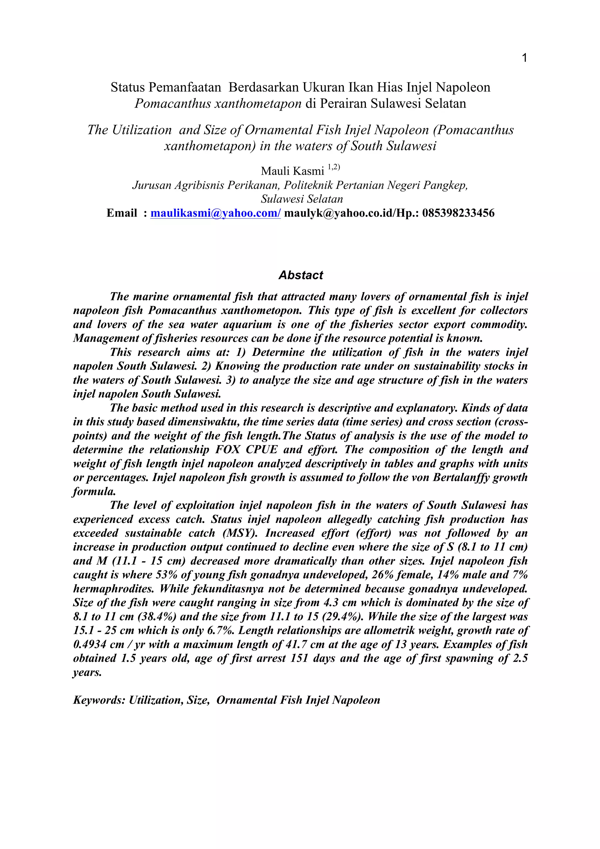 Status Pemanfaatan Berdasarkan ukuran ikan hias injel napoleon (Pomacanthus xanthometopon di ...