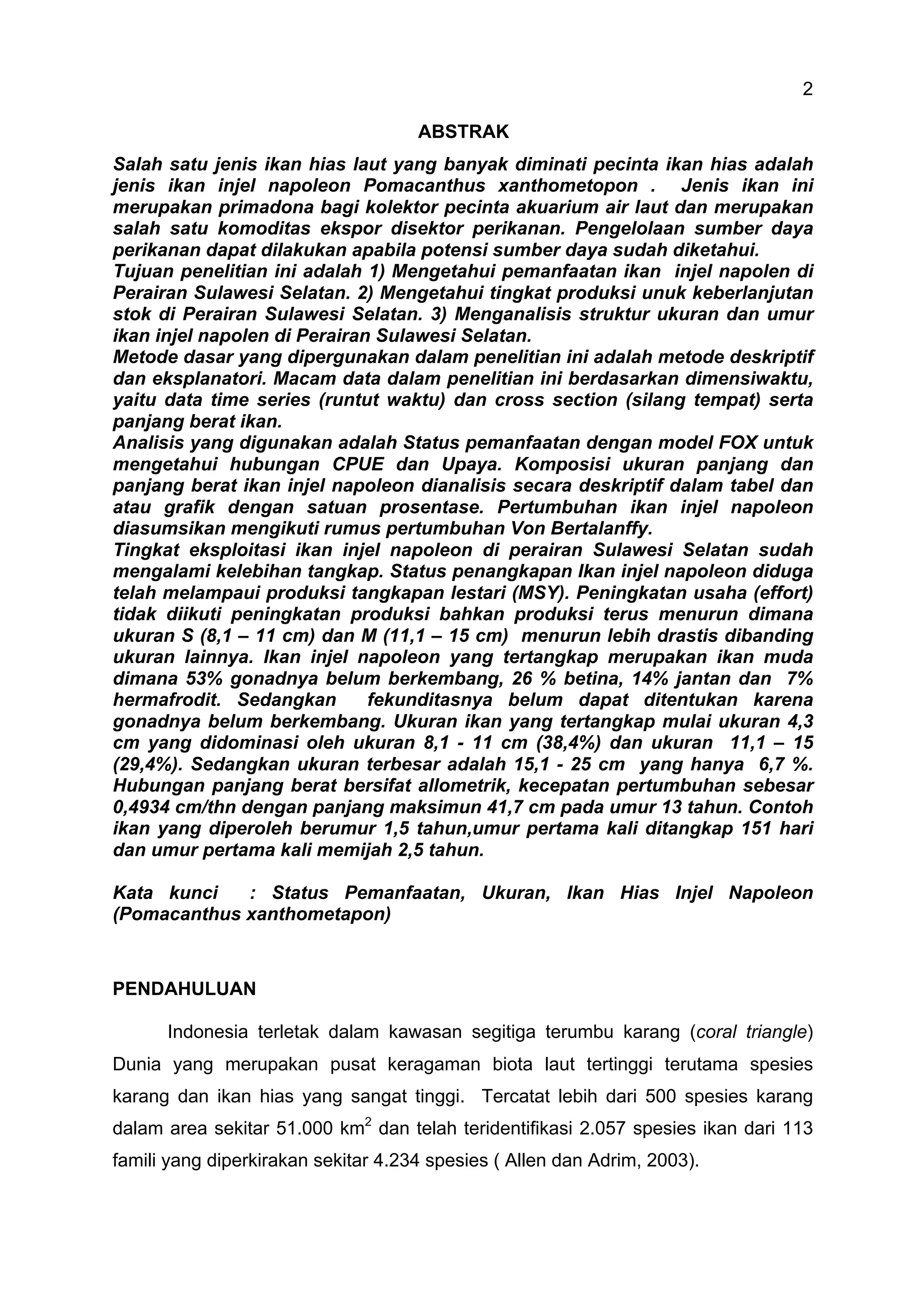 Status Pemanfaatan Berdasarkan ukuran ikan hias injel napoleon (Pomacanthus xanthometopon di ...
