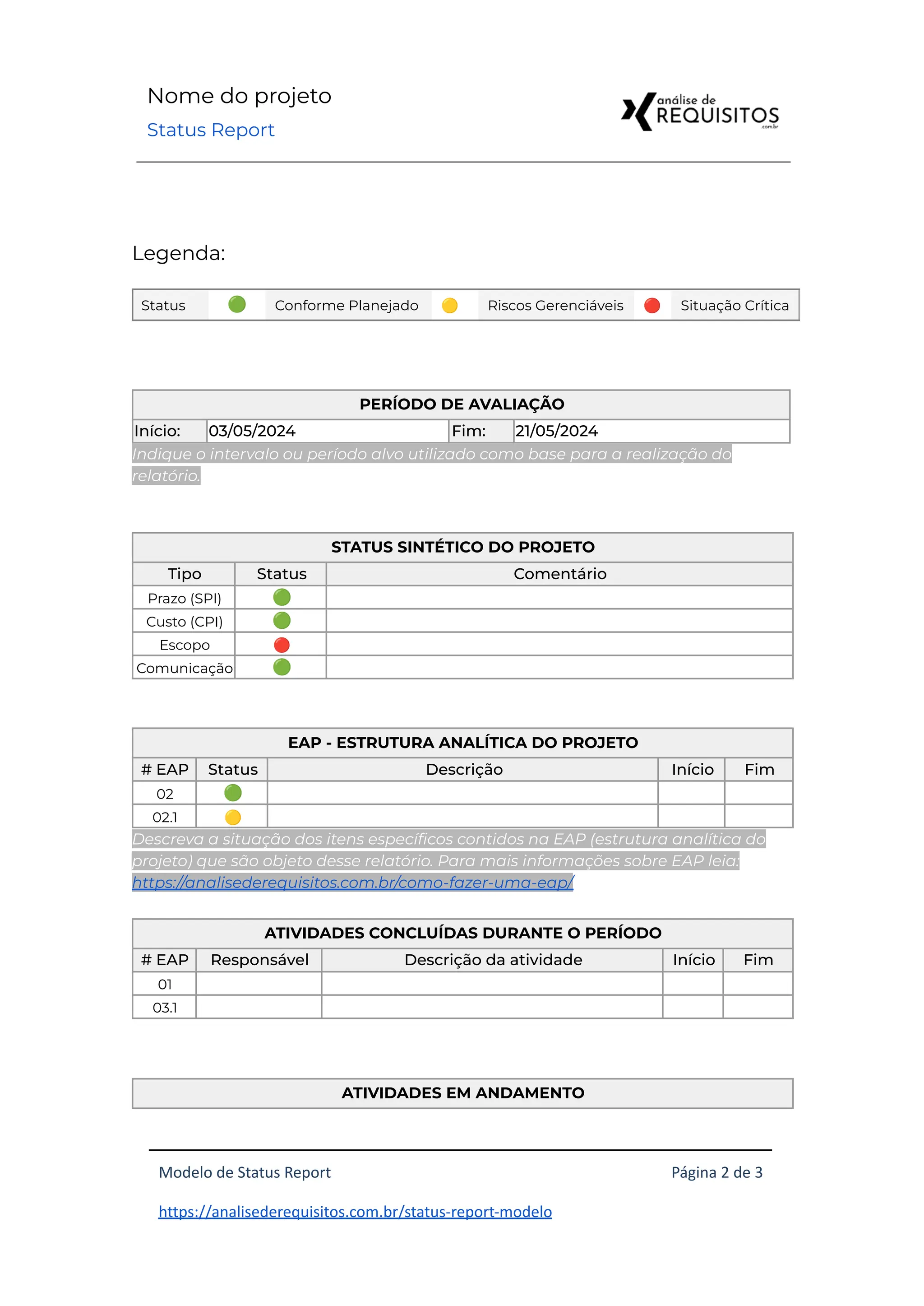 Modelo de Status Report do Projeto (pronto PMBOK) | PDF