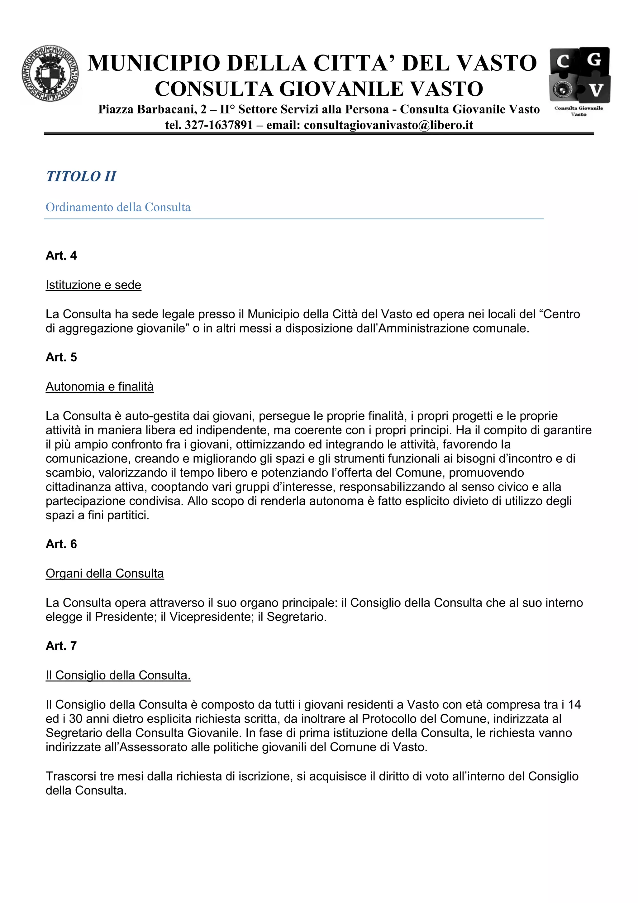 Statuto della Consulta Giovanile di Vasto | PDF