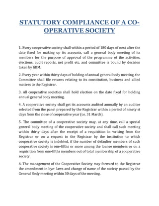 STATUTORY OBLIGATIONS & COMPLIANCE OF A CO OPERATIVE SOCIETY | PDF