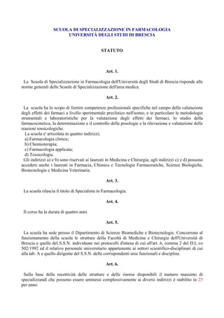 Statuto scuola specializzazione farmacologia uni. Brescia N.65