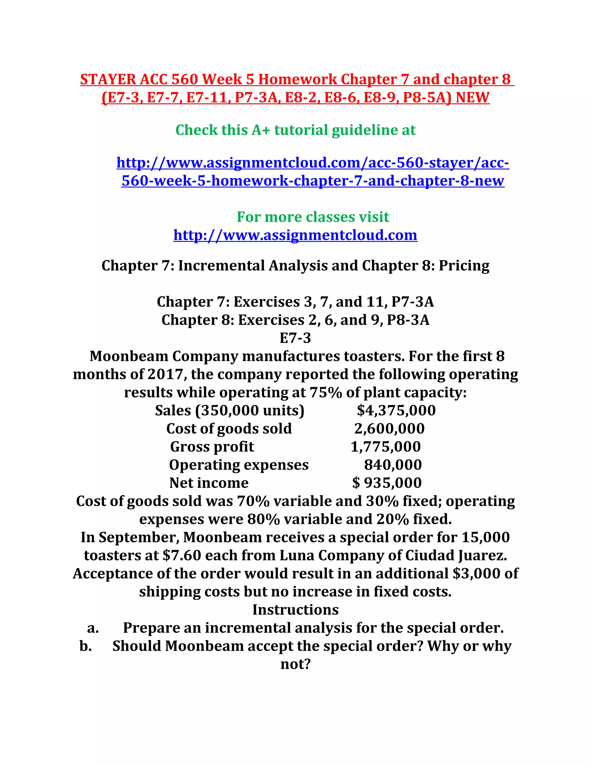 Stayer acc 560 week 5 homework chapter 7 and chapter 8 | PDF
