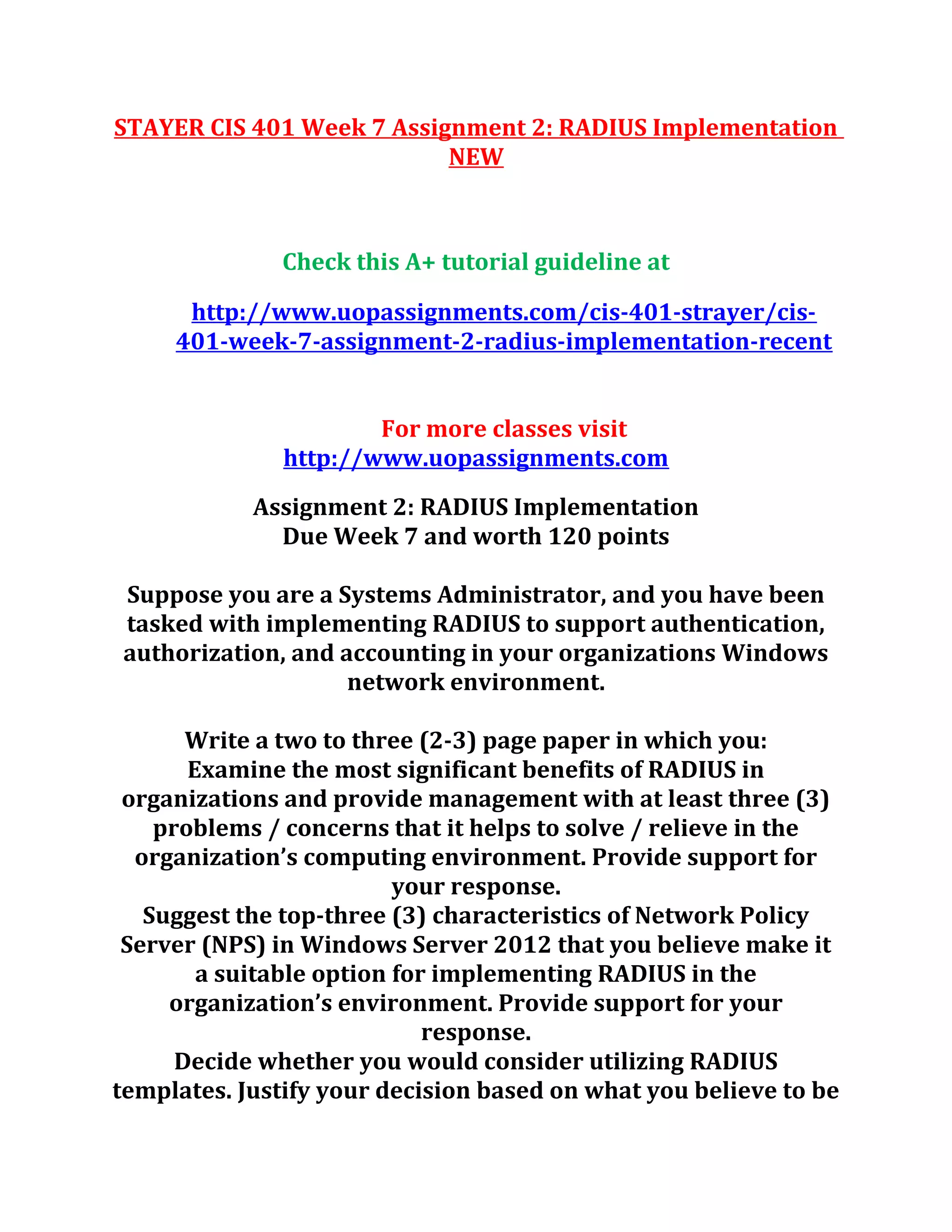 Stayer cis 401 week 7 assignment 2 | PDF