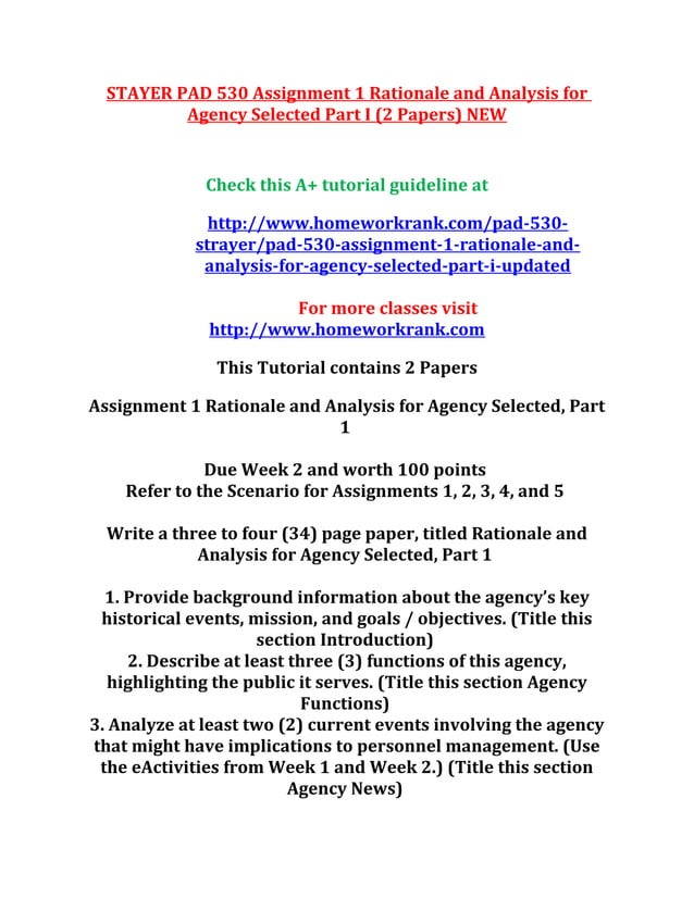 Stayer pad 530 assignment 1 rationale and analysis for agency selected part i (2 papers) new | PDF