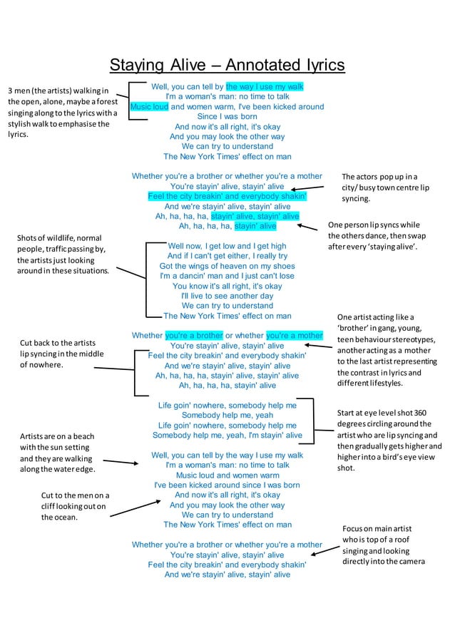 Staying alive annotated lyrics | PDF