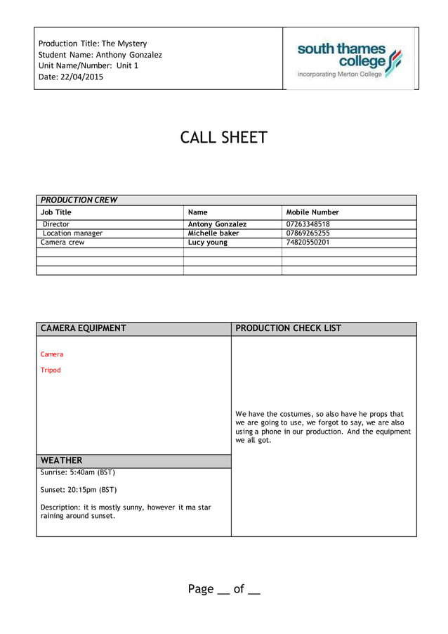 Stc call sheet | PDF