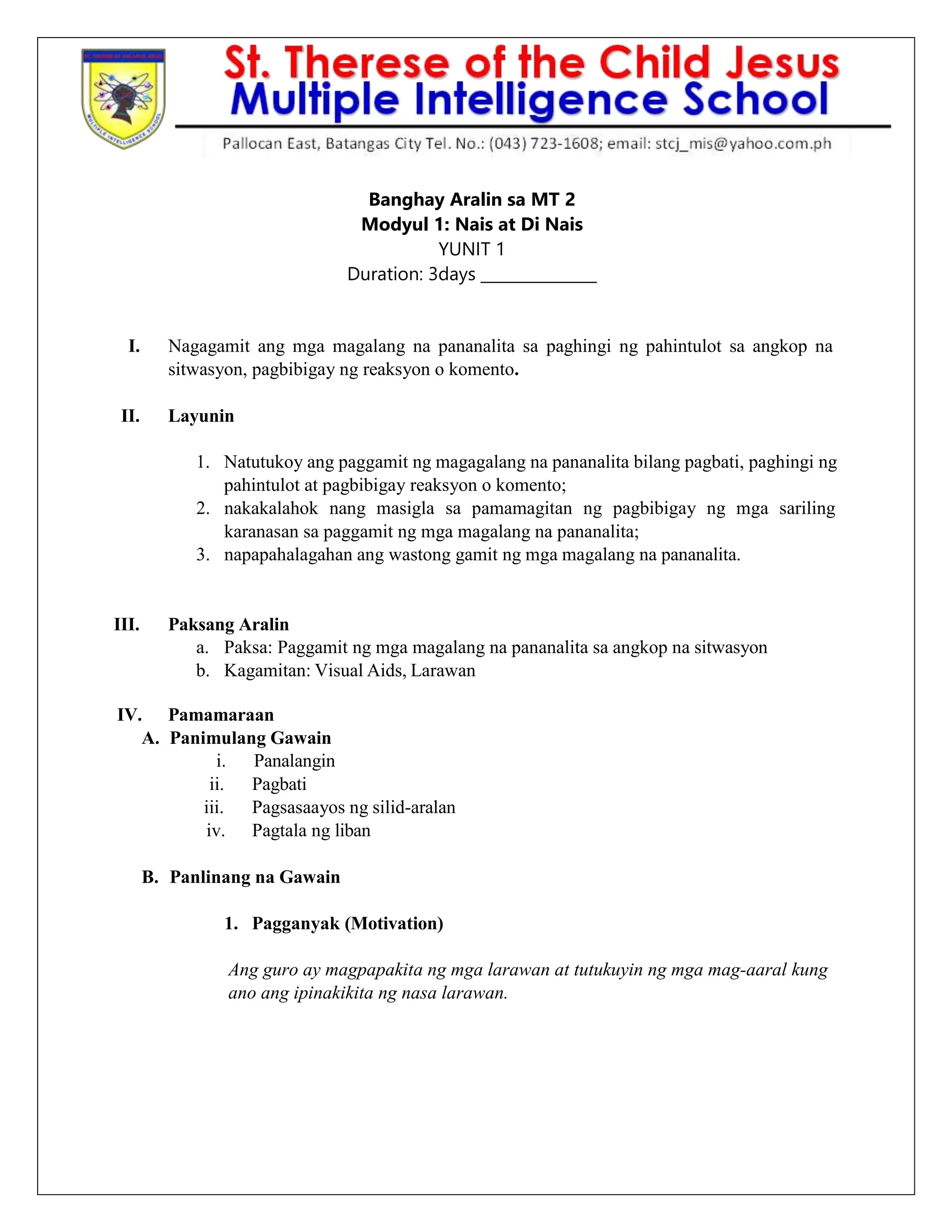 Banghay aralin MT 2. Magagalang na salita | DOCX