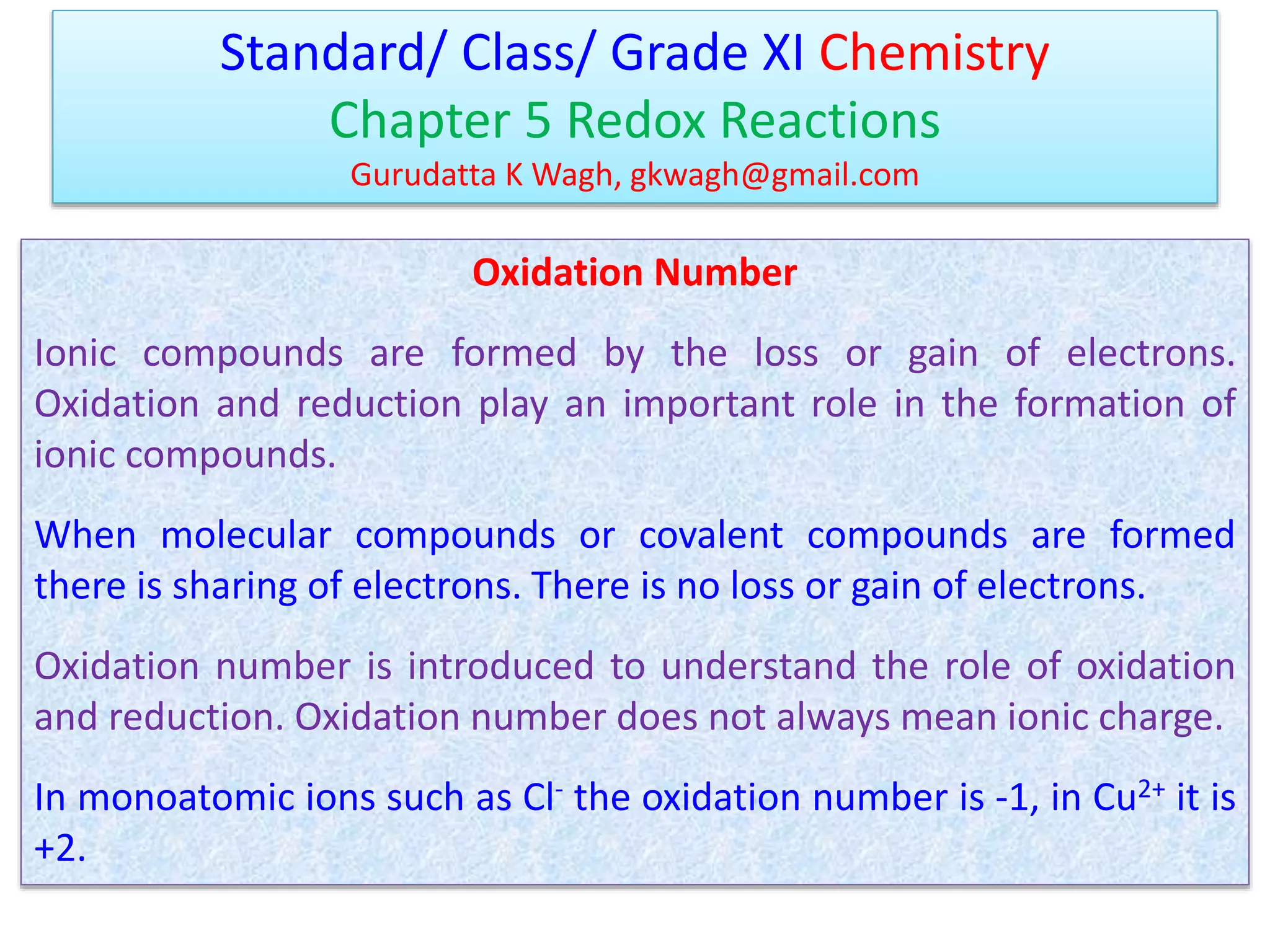 Std XI-Ch-5-Redox-Reactions | PPTX | Chemistry | Science