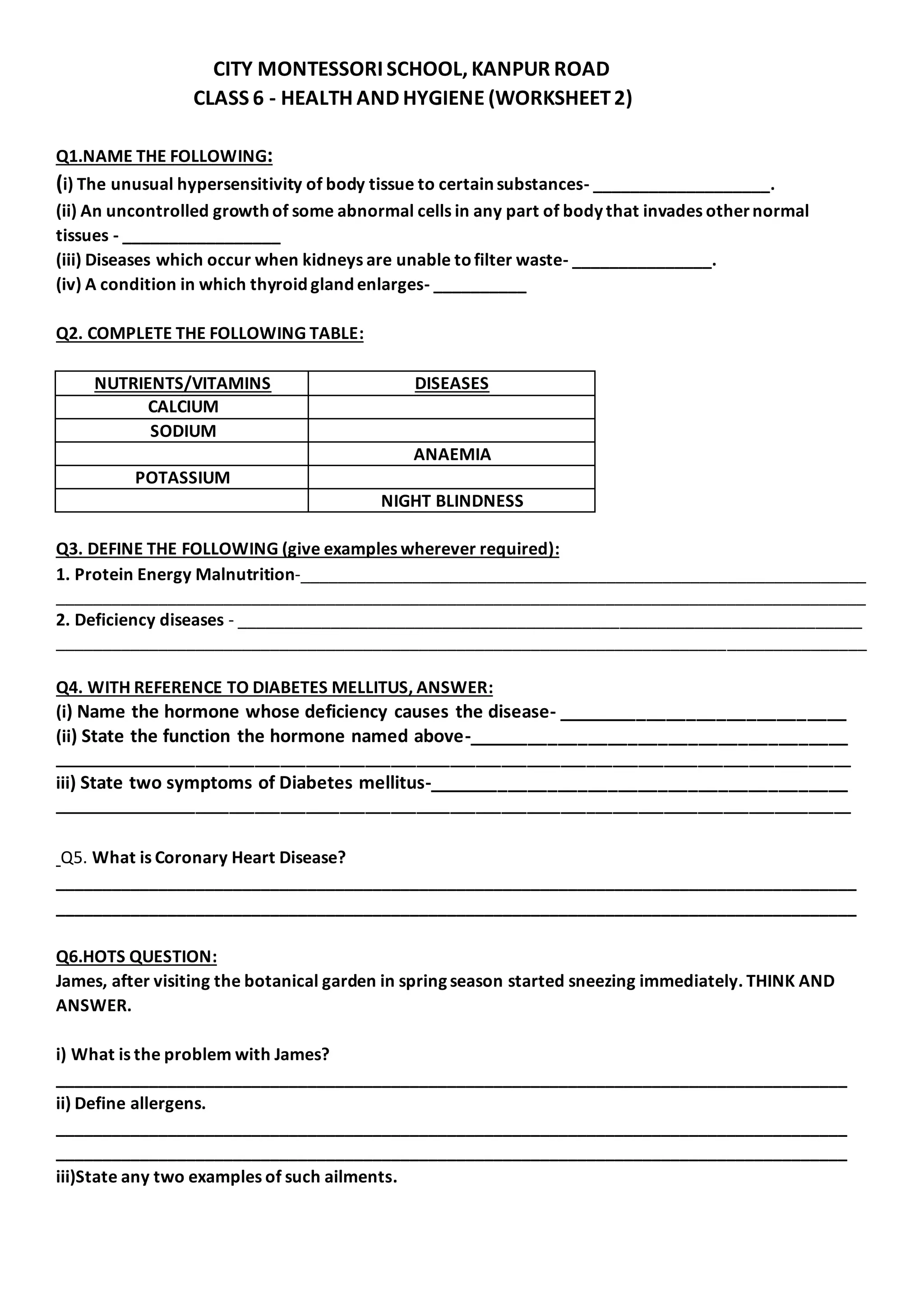 Health and Hygiene worksheet | DOCX