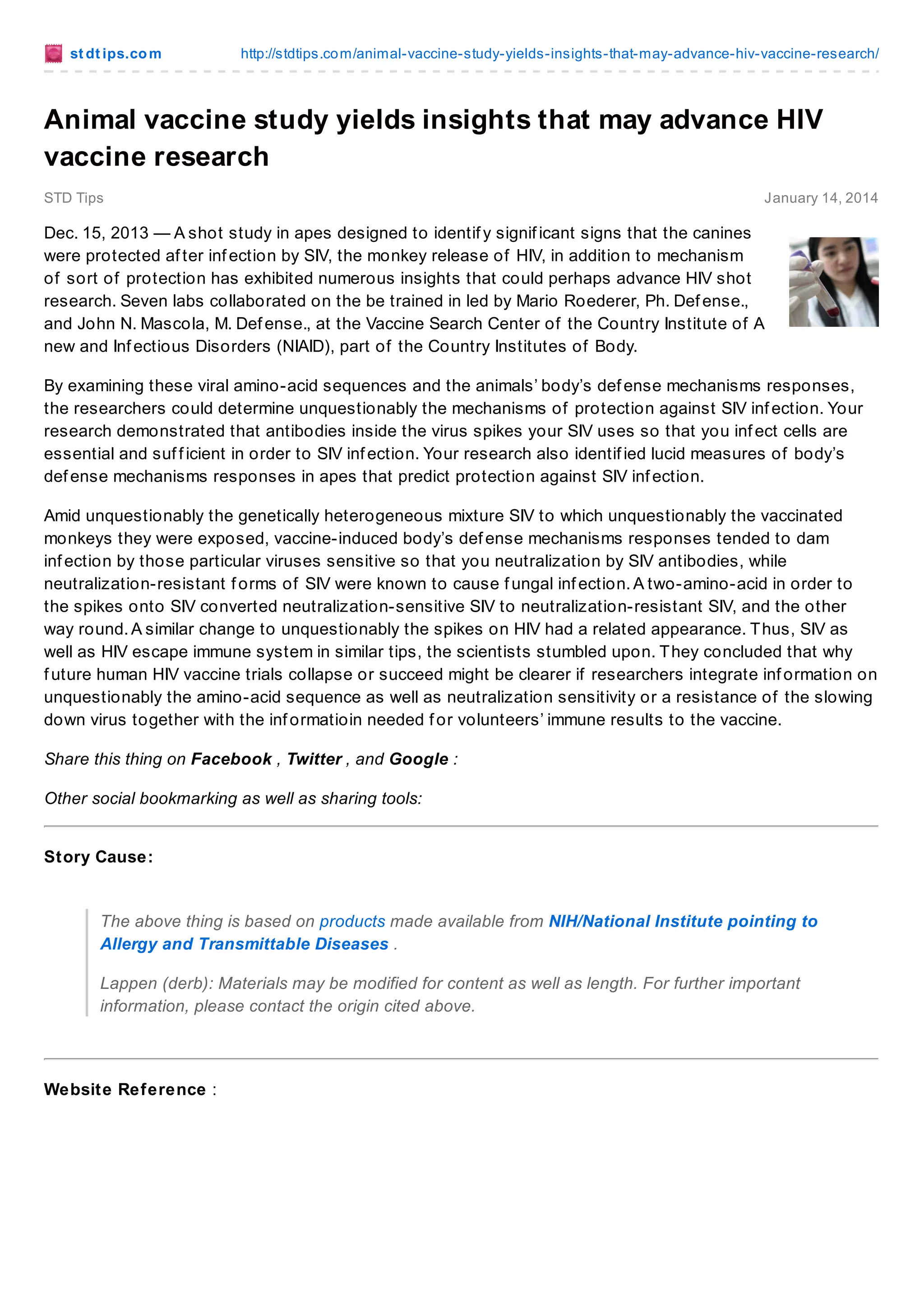 Animal vaccine study yields insights that may advance HIV vaccine ...