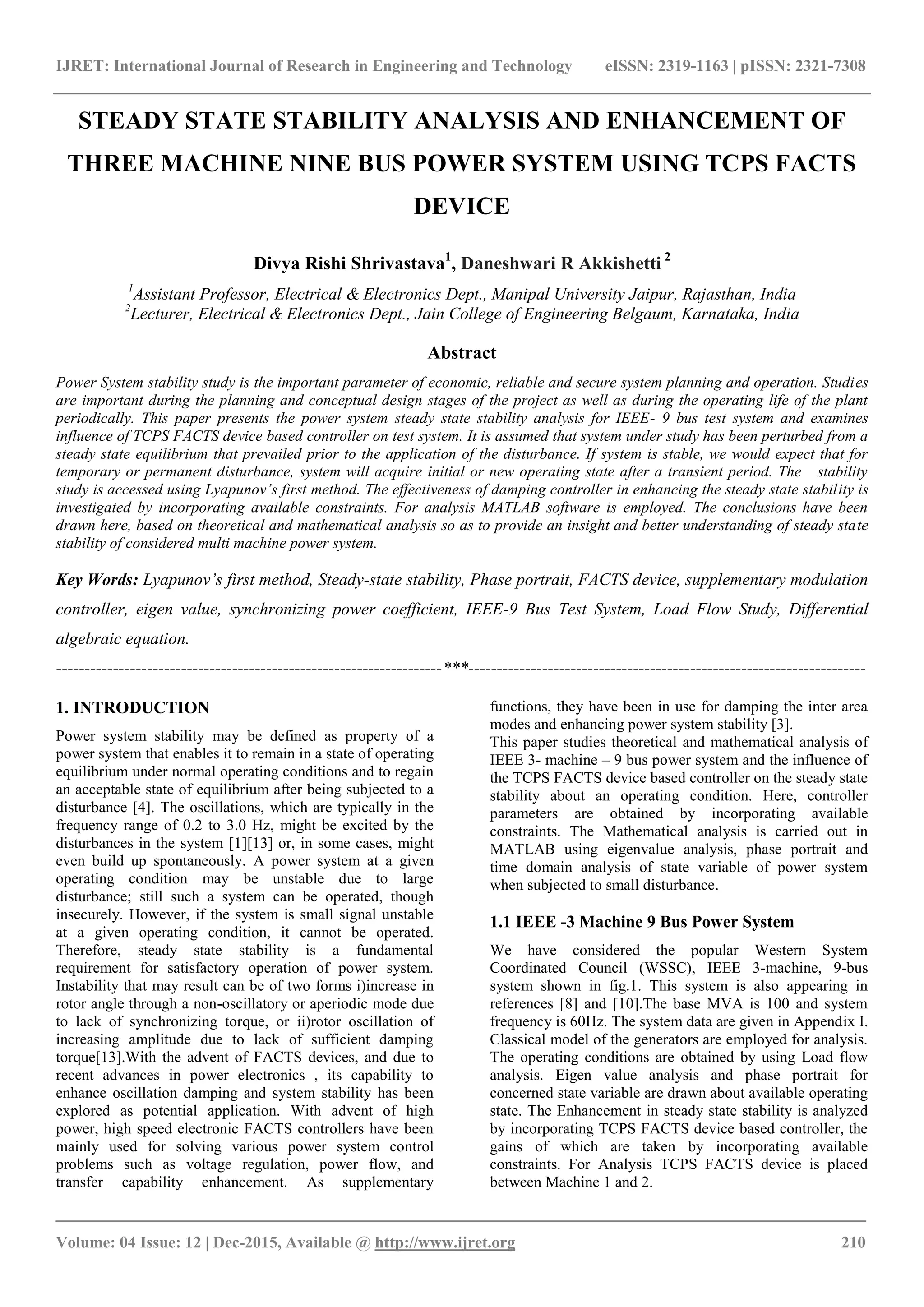 Steady state stability analysis and enhancement of three machine nine ...