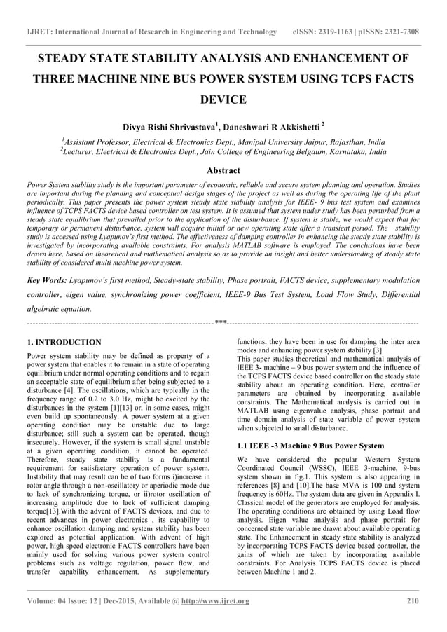 Steady state stability analysis and enhancement of three machine nine bus power system using ...