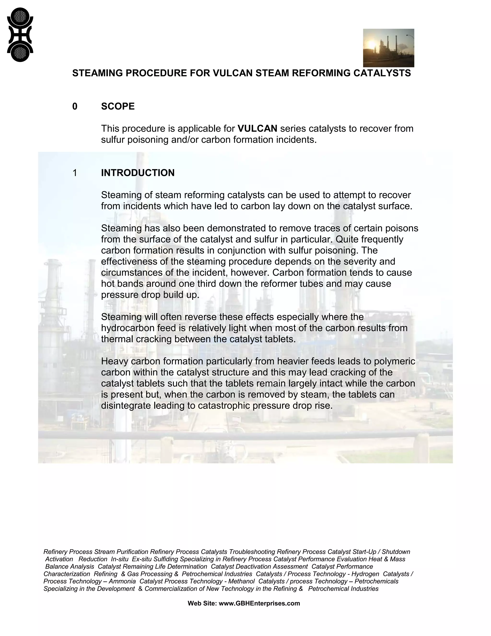 STEAMING PROCEDURE FOR VULCAN STEAM REFORMING CATALYSTS | PDF