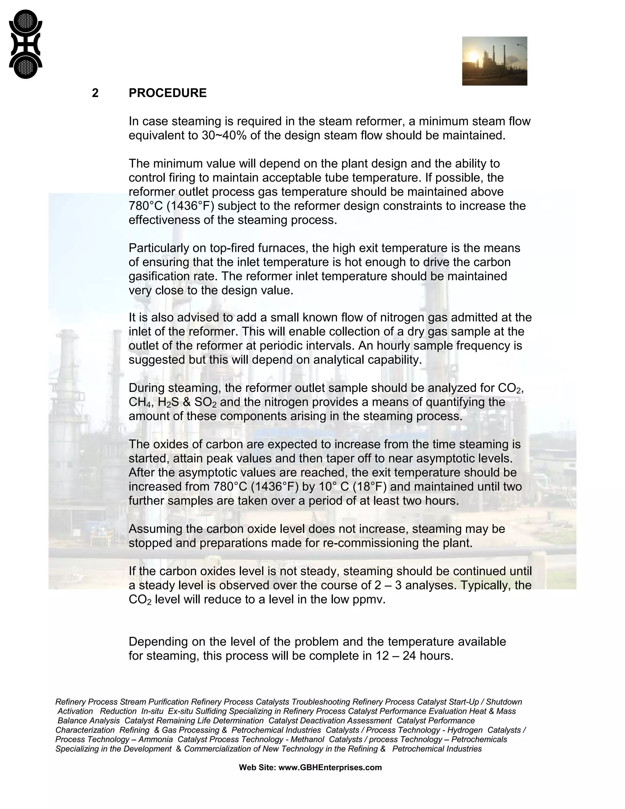 STEAMING PROCEDURE FOR VULCAN STEAM REFORMING CATALYSTS | PDF