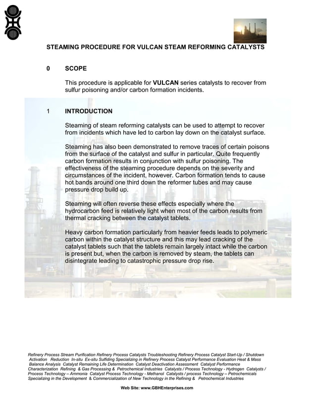 STEAMING PROCEDURE FOR VULCAN STEAM REFORMING CATALYSTS | PDF