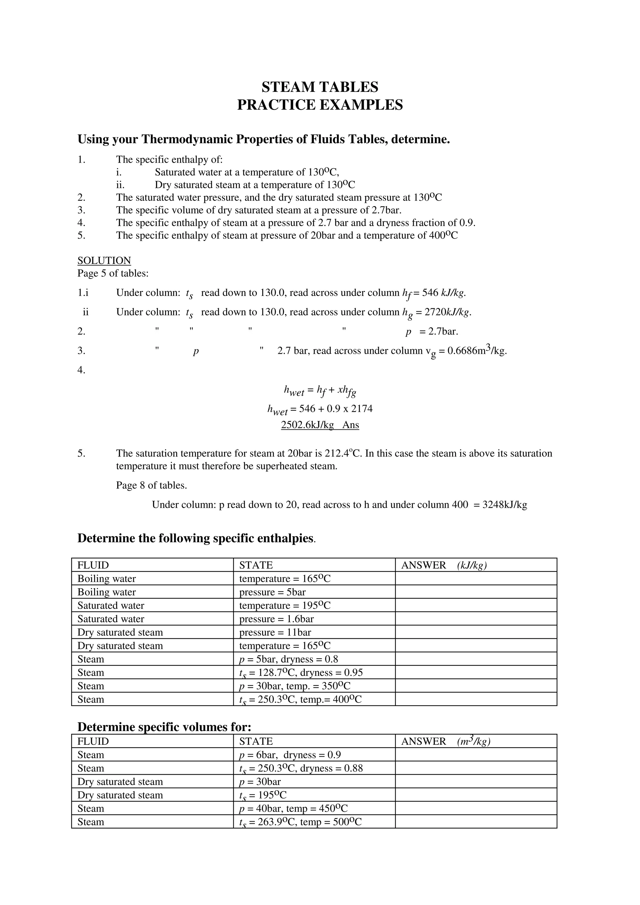 MET 211 Steam tables practice_examples | PDF
