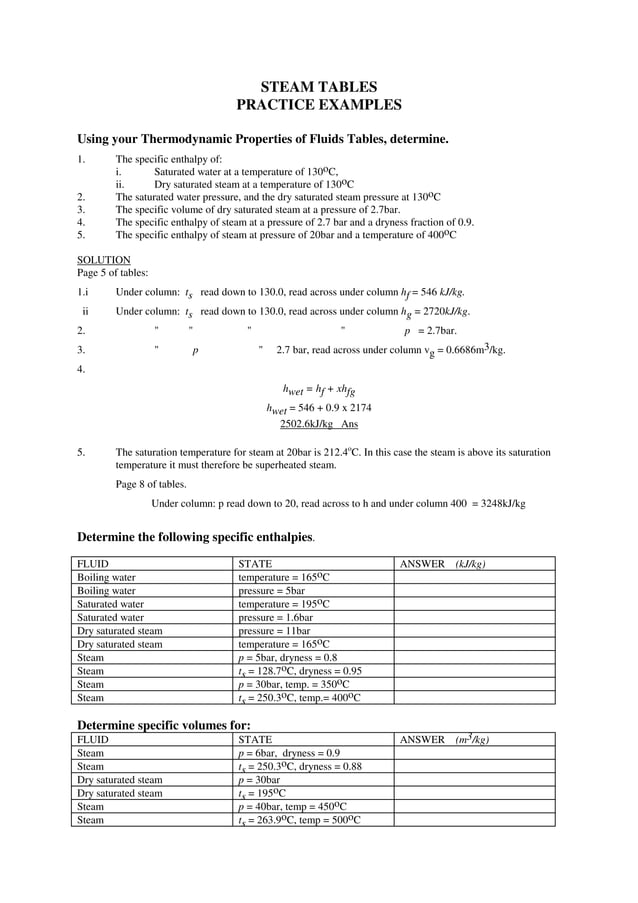 MET 211 Steam tables practice_examples | PDF | Chemistry | Science