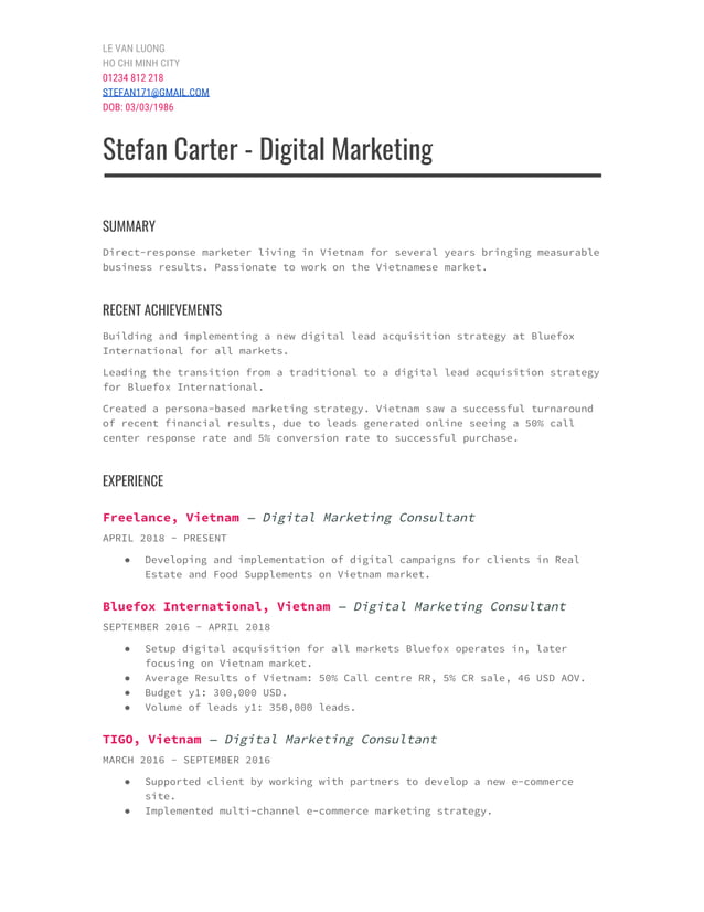 Stefan Carter - Digital Marketing Resume Vietnam | PDF