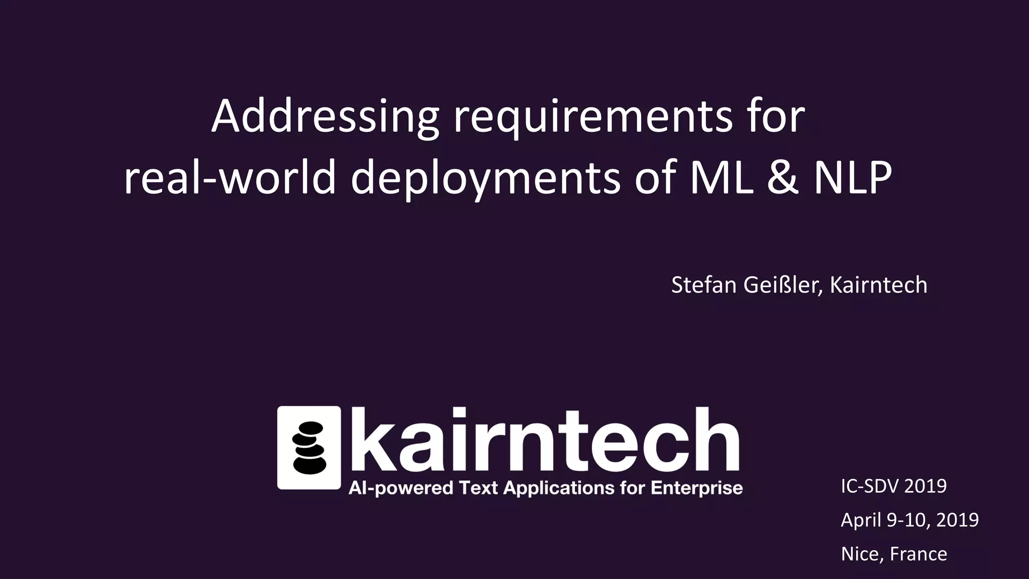 IC-SDV 2019: Down-to-earth machine learning: What you always wanted ...