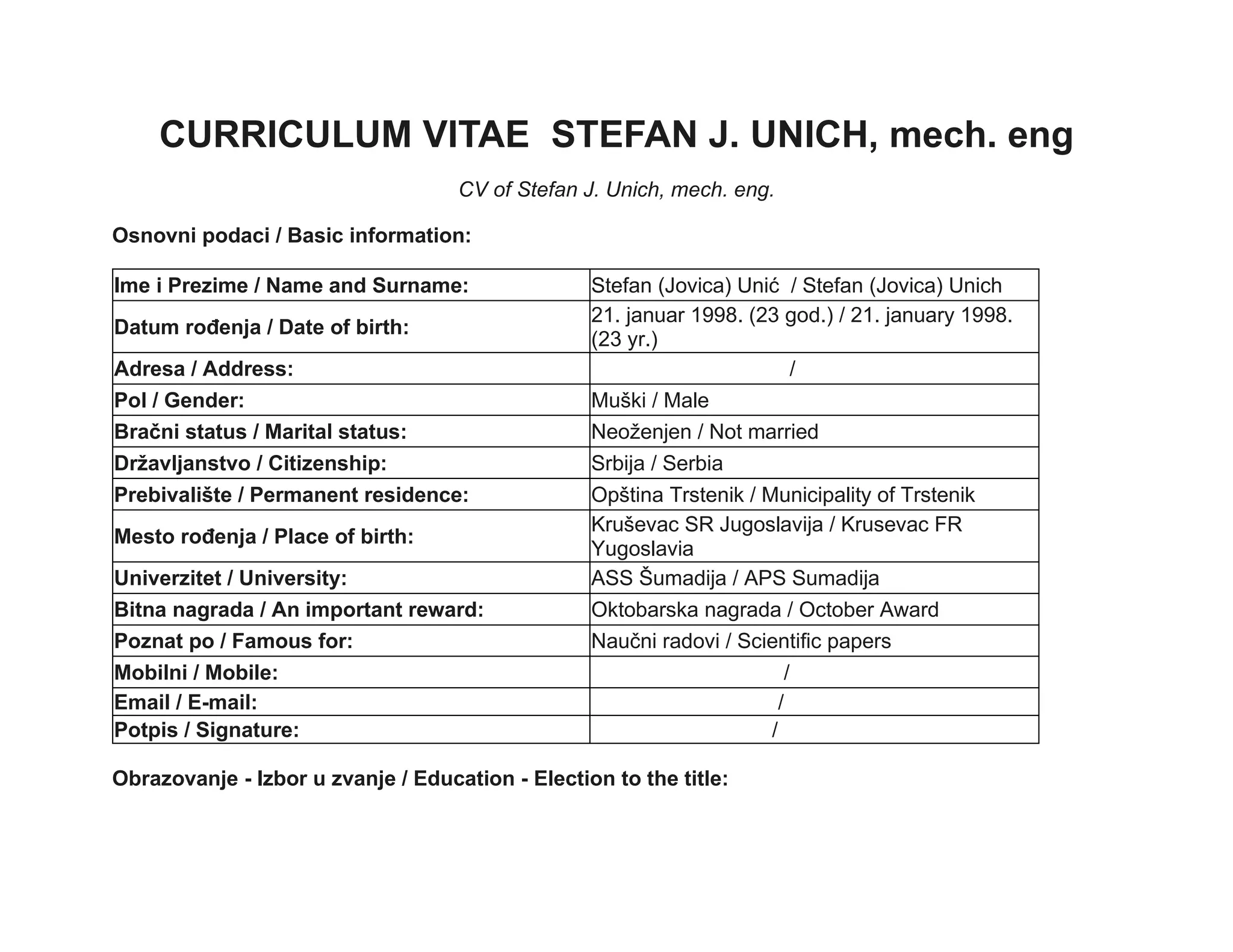 Stefan Unić curriculum vitae- Biografija STEFAN UNICH | PDF