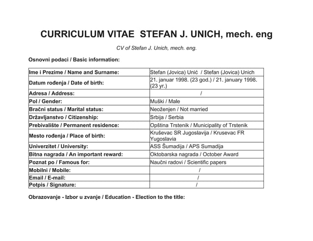 Stefan Unić curriculum vitae- Biografija STEFAN UNICH | PDF