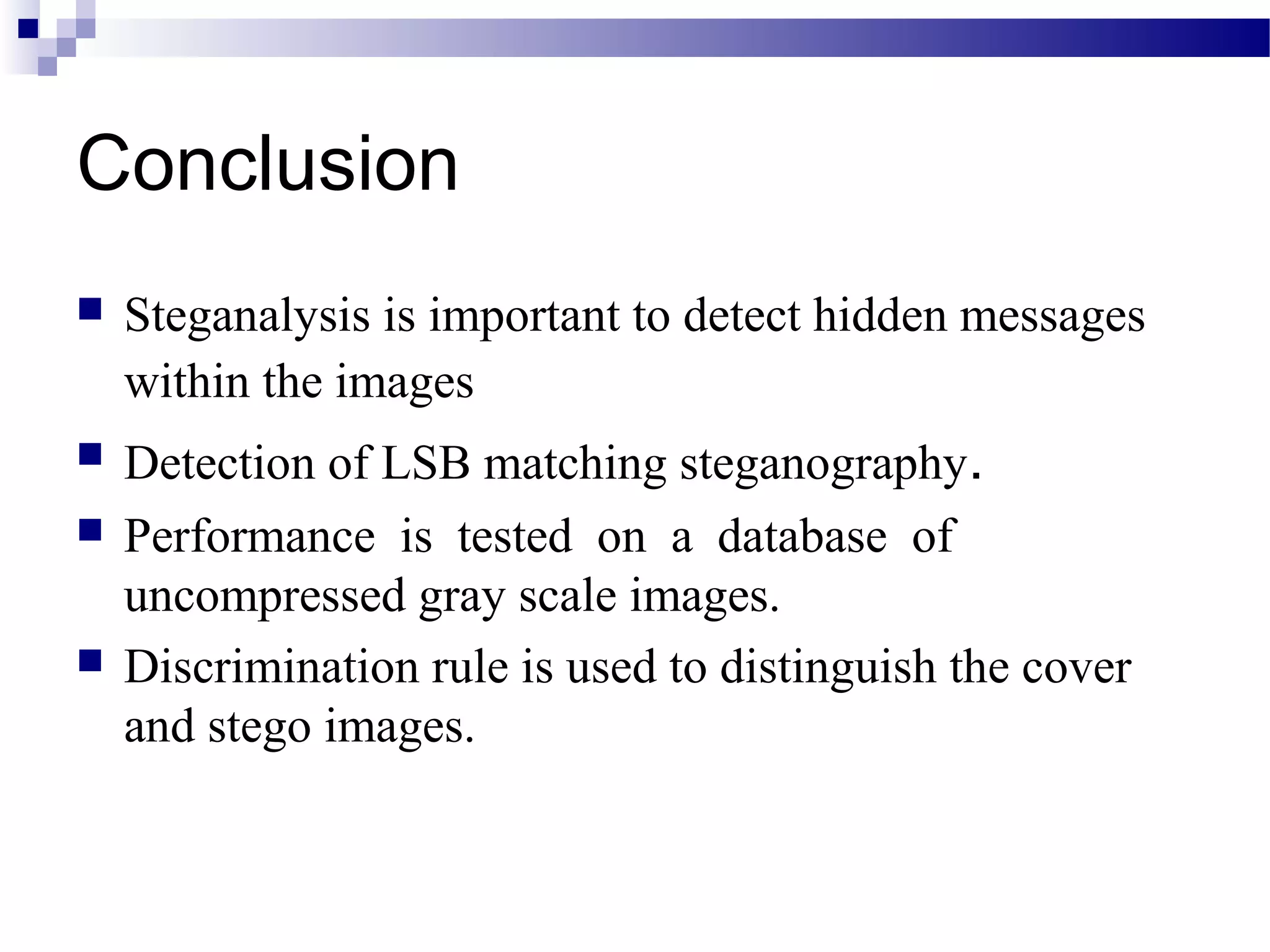Steganalysis of lsb matching steganography | PPT