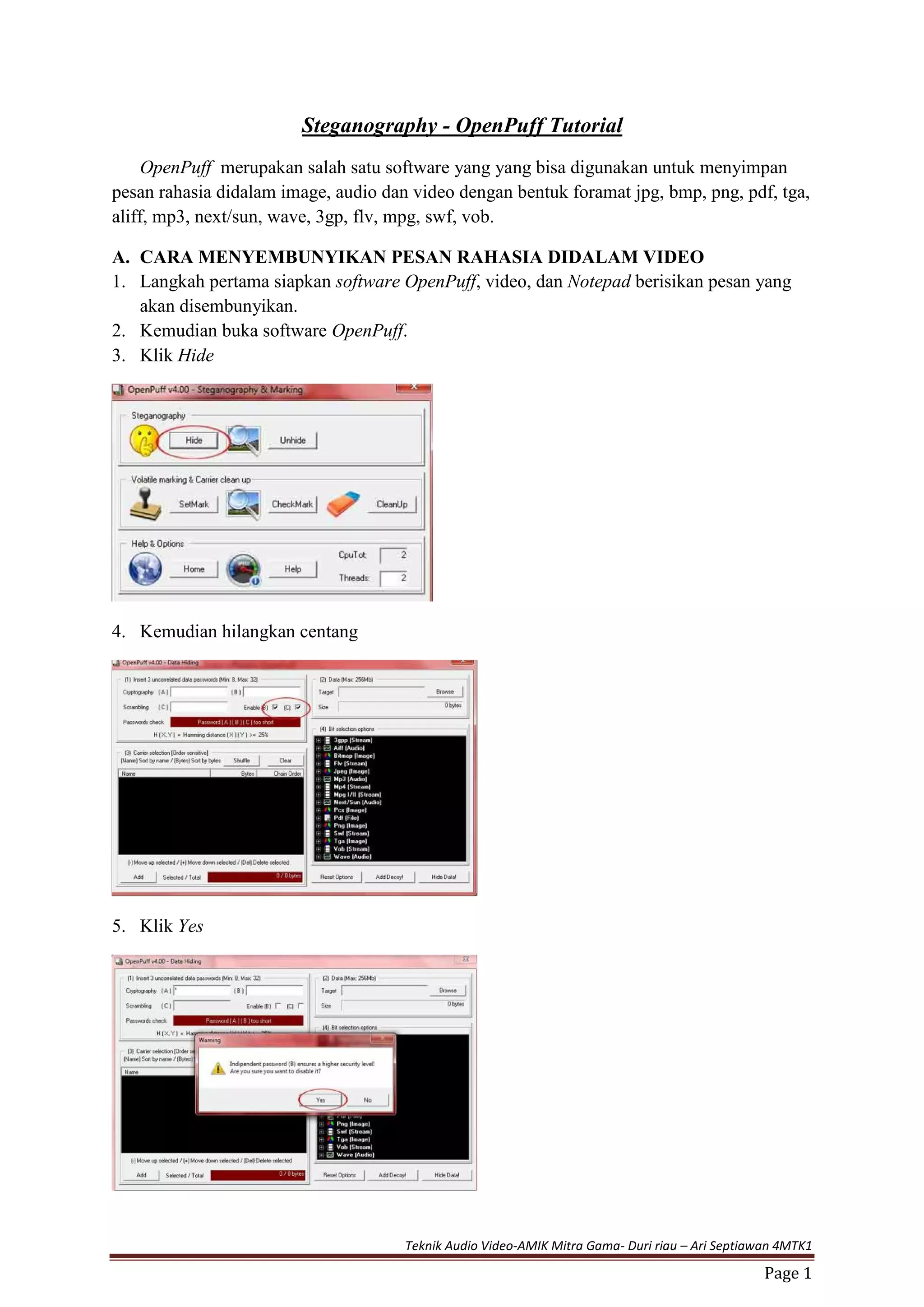Menyimpan Pesan Rahasia - Steganography tutorial lengkap openpuff | PDF