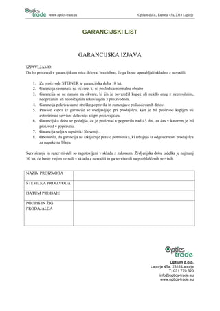 Garancijski list | Steiner Dvogledi | Optics Trade | PDF