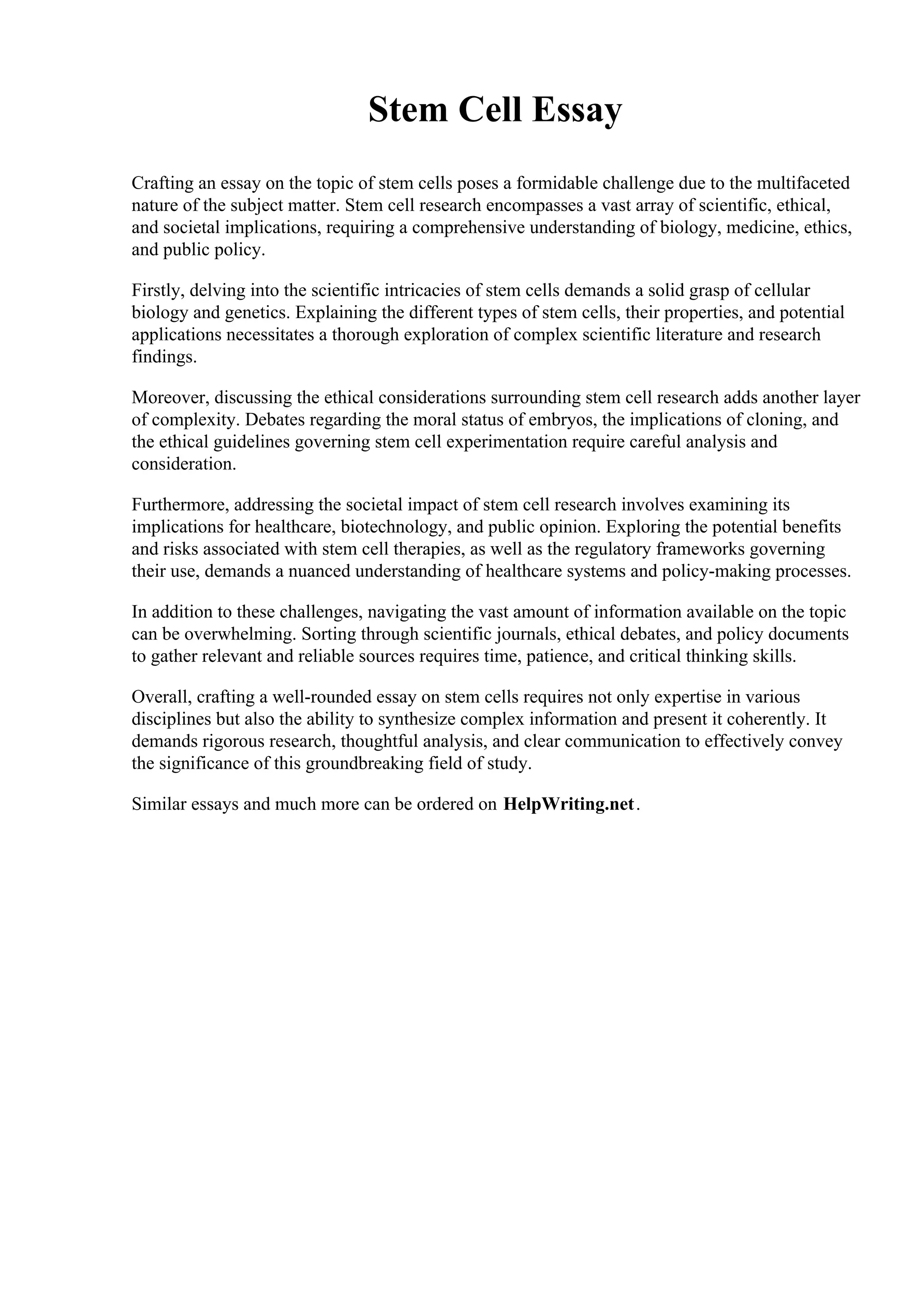 Stem Cell Essay. University of North Carolina School of the Arts | PDF