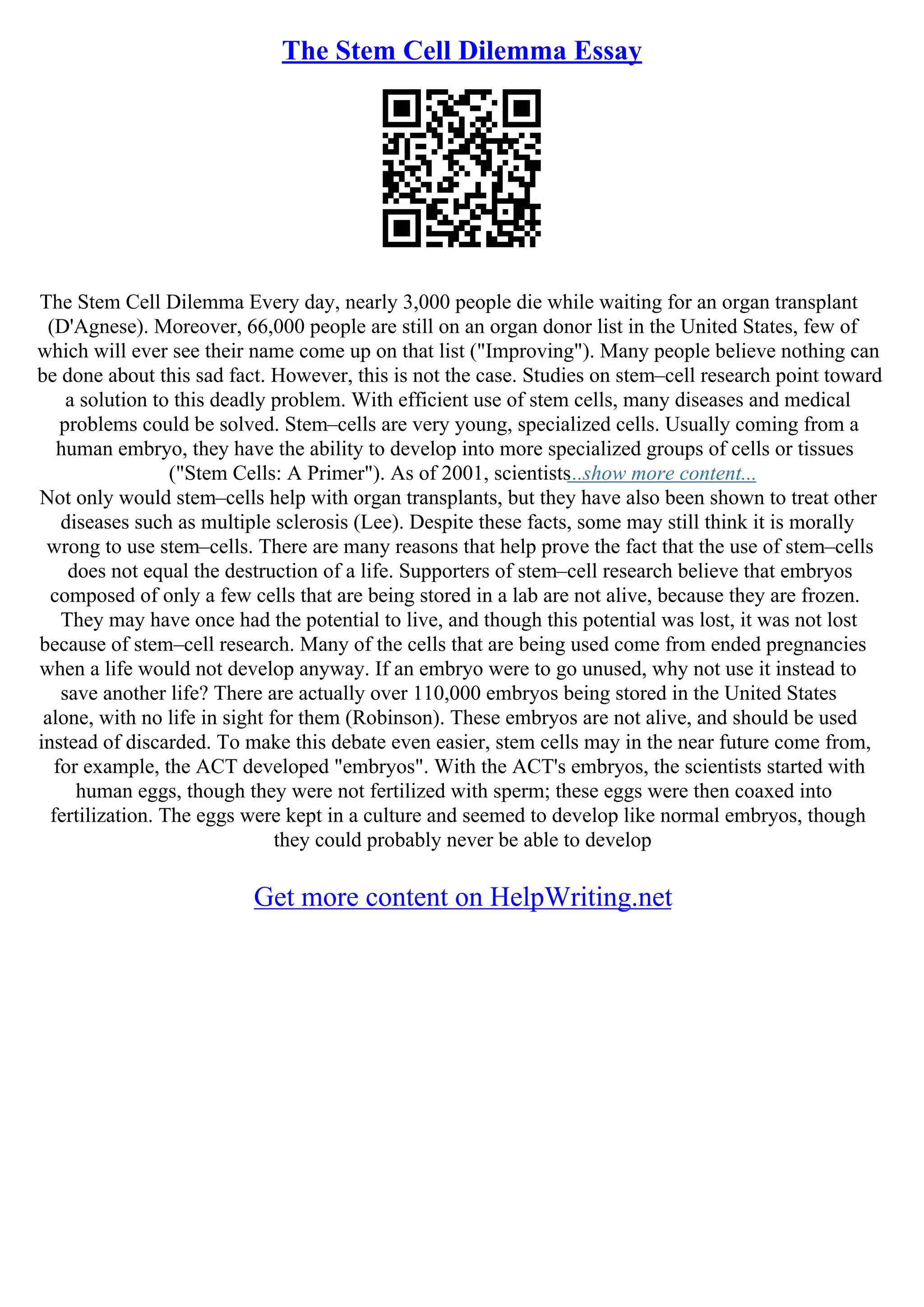 Stem Cell Essay Outline | PDF